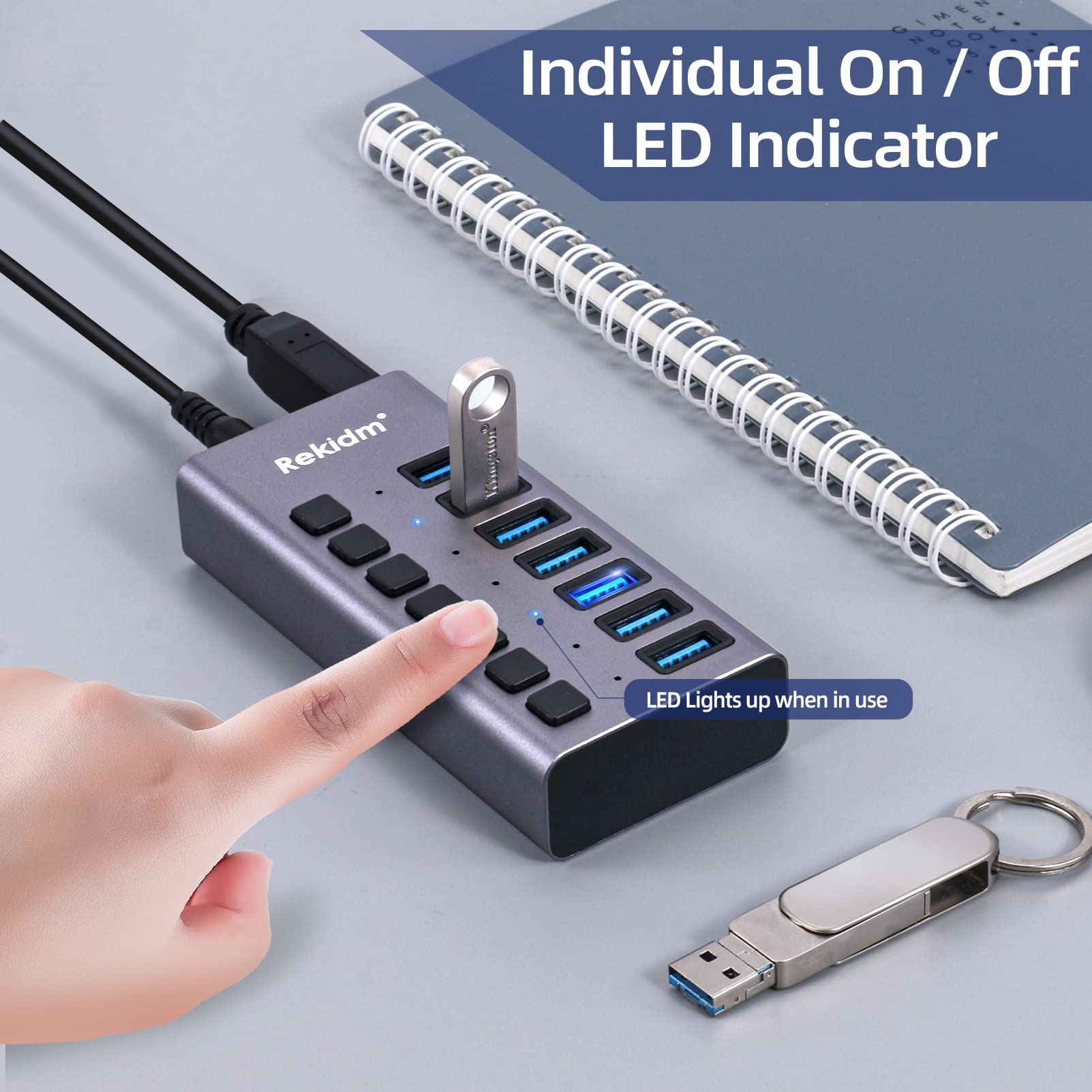 Powered USB HUB 3.0, Rekidm 7 Port USB 3.0 HUB Powered with AC Adapter 12V 2A, Aluminum Metal Design Durable Use for Stable Data Transfer, Individual On/Off Switches USB Extender for Desktop and PC