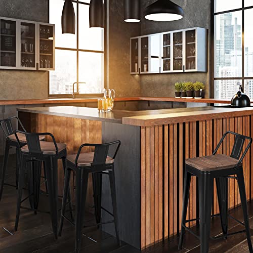 Yaheetech 26 inch Low Back Metal Bar Stools Set of 4 Counter Height Barstools with Wooden Seat Industrial Counter Stool Bar Chairs for Home Kitchen Black
