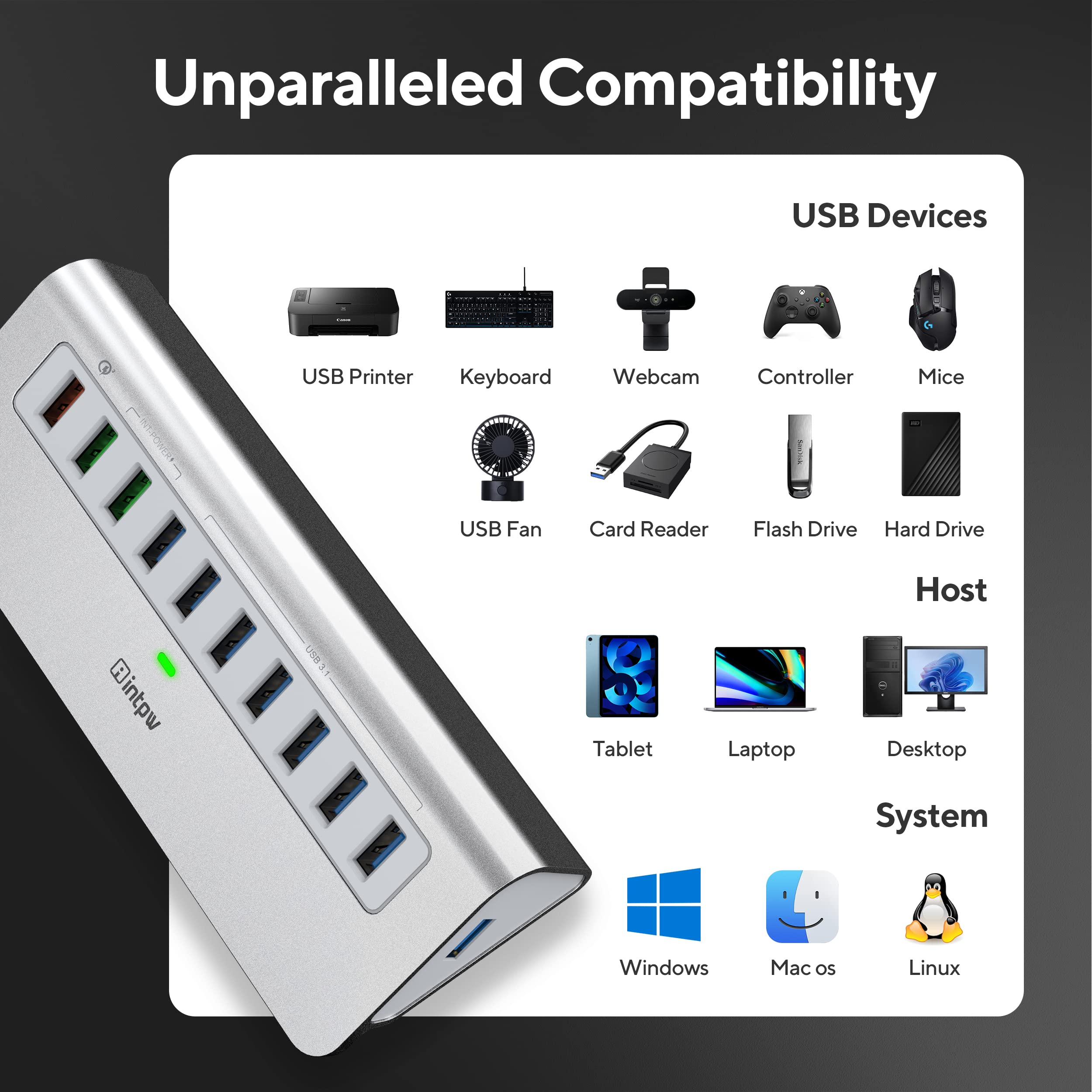 Powered USB Hub,10 Port USB 3.1/3.2 Gen 2 Hub 10Gbps 36W (12V/3A) Power Adapter, 7X 10Gbps USB Data Ports,1x QC 3.0, 2 x 2.4A Fast Charging Ports USB Port Hub Splitter for Laptop and PC