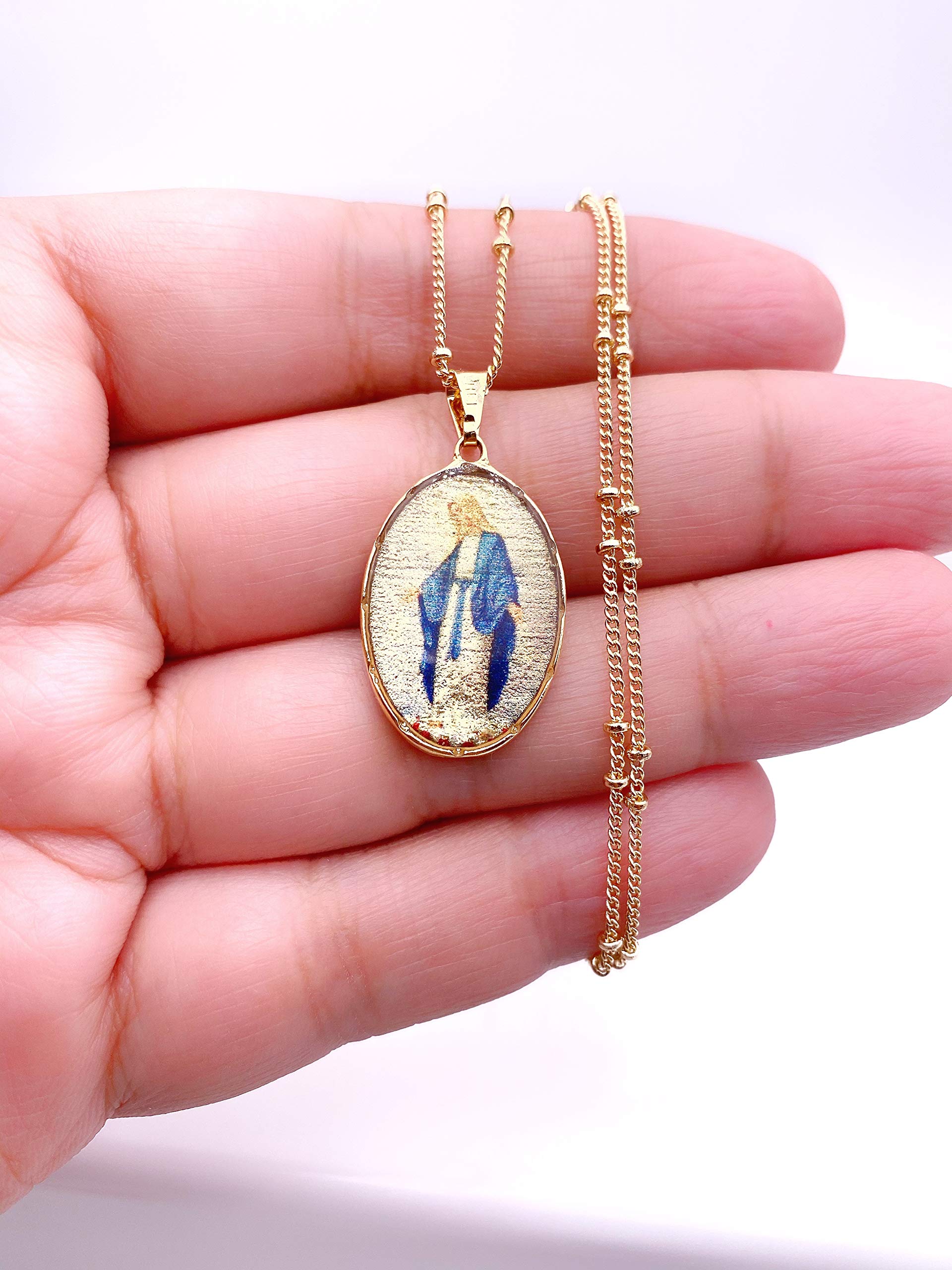 LESLIE BOULES Virgen La Milagrosa Pendant Necklace 18K Gold Plated Chain 18 Inches Length