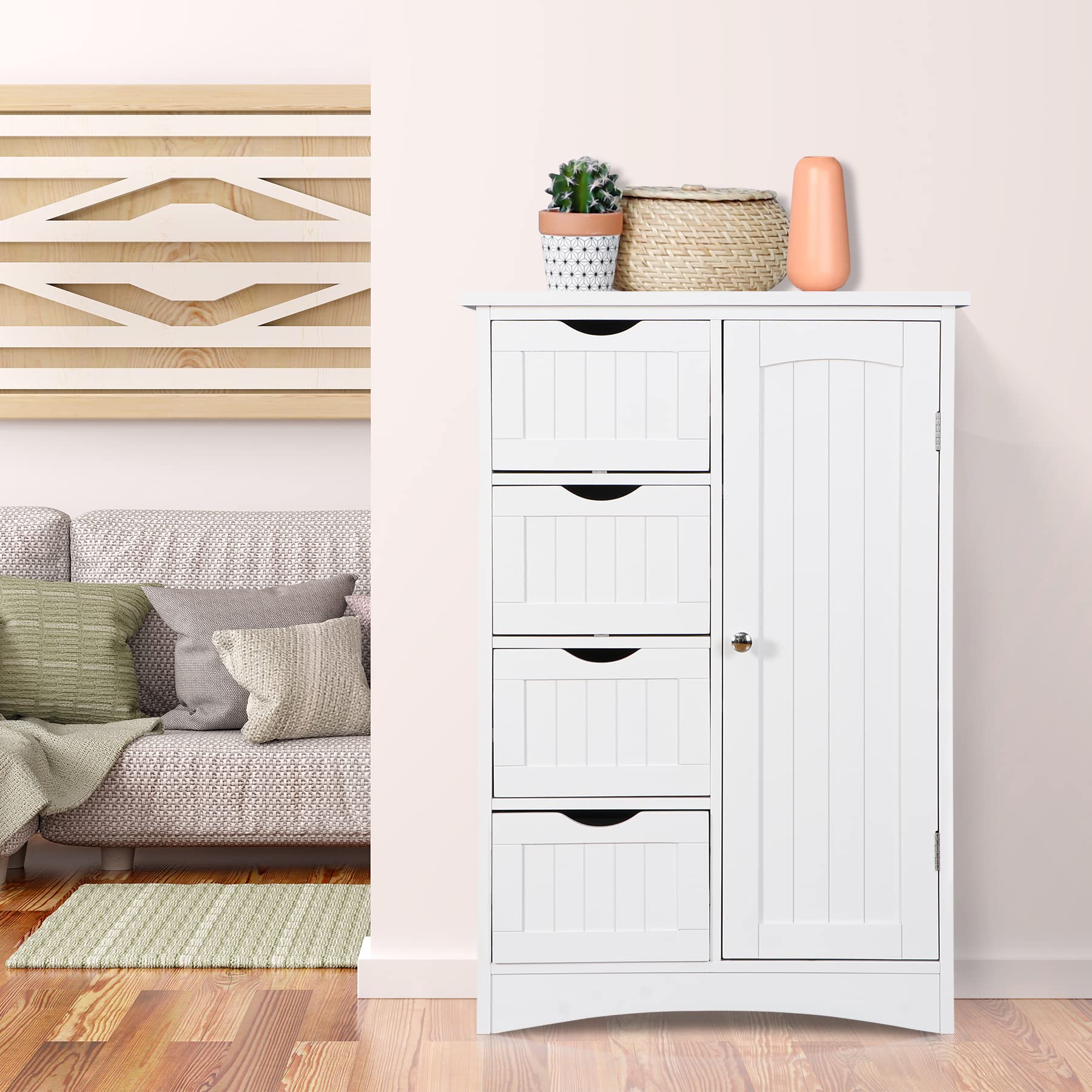 ZENY Bathroom Floor Storage Cabinet, Side Storage Organizer with 4 Drawers and 1 Cupboard, Adjustable Shelf Freestanding Entryway Storage Unit for Living Room/Bathroom, White