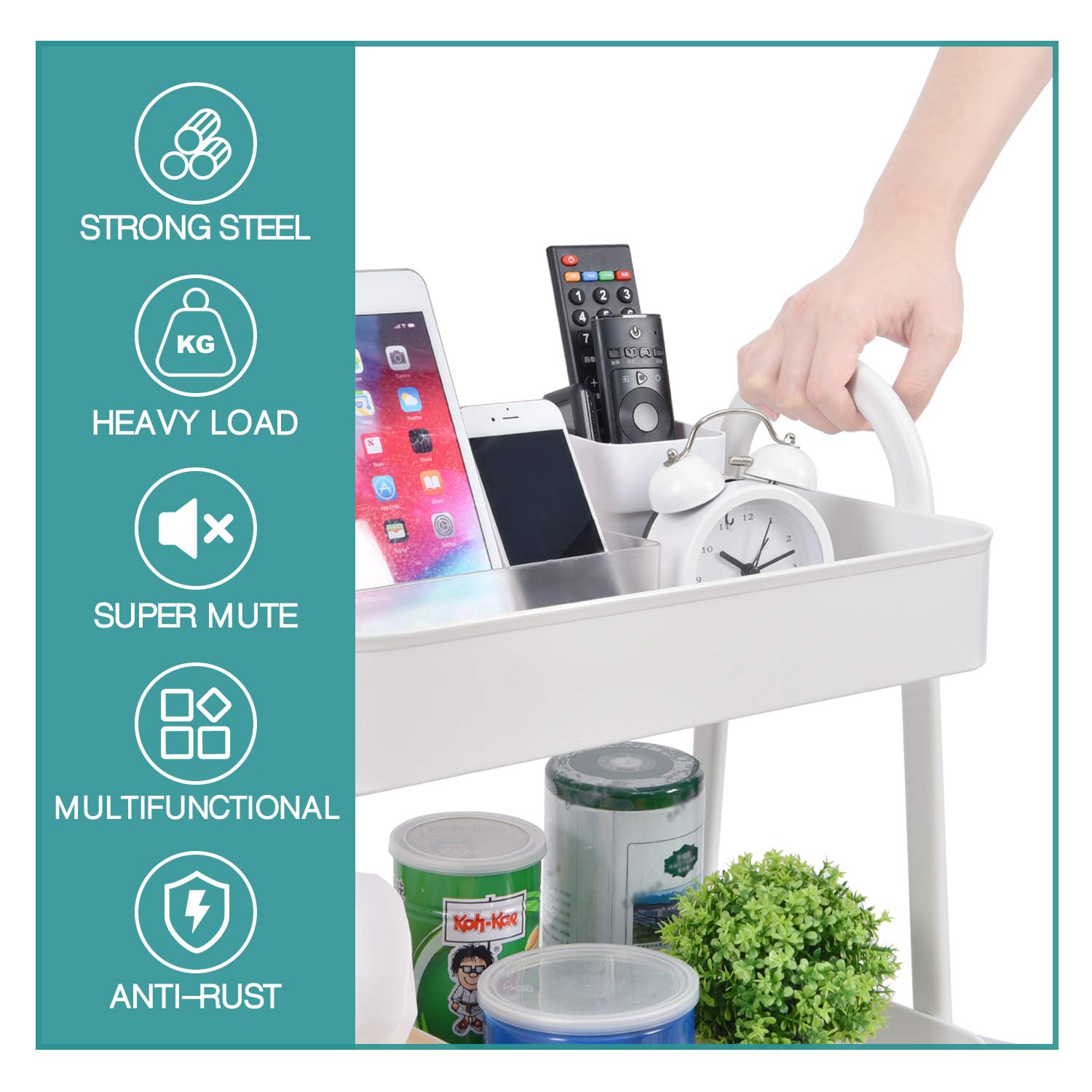 KINGRACK 3-Tier Rolling Cart, White, Sturdy Steel Frame, Easy Assembly, 3 Large Baskets, Ideal for Office, Kitchen, Bathroom Storage