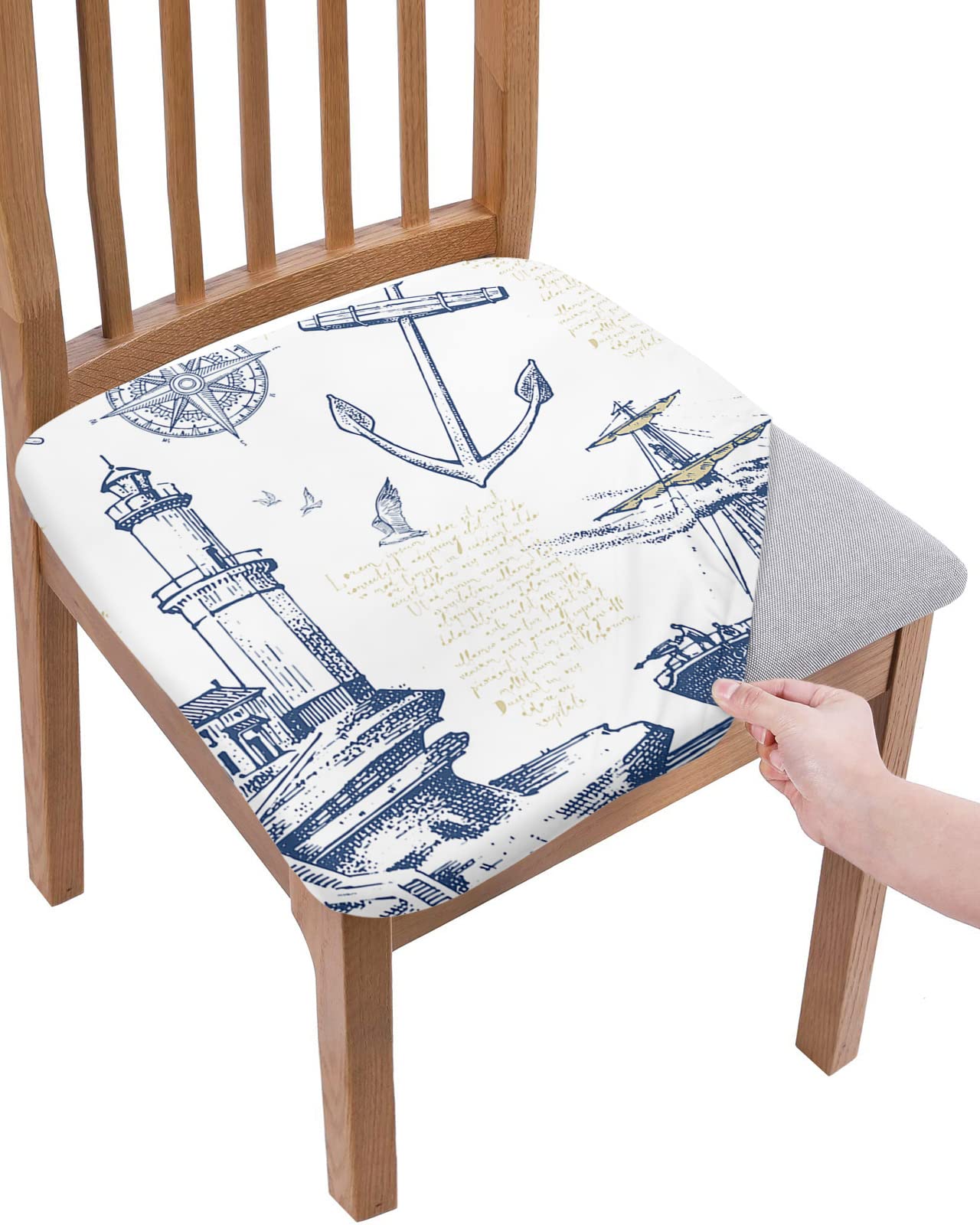 Ocean Nautical Seat Covers for Dining Chairs, Stretch Kitchen Chair Slipcovers, Retro Blue Sea Coastal Lighthouse Boat Dining Room Chair Covers Removable Office Chair Cover Protector Set of 2