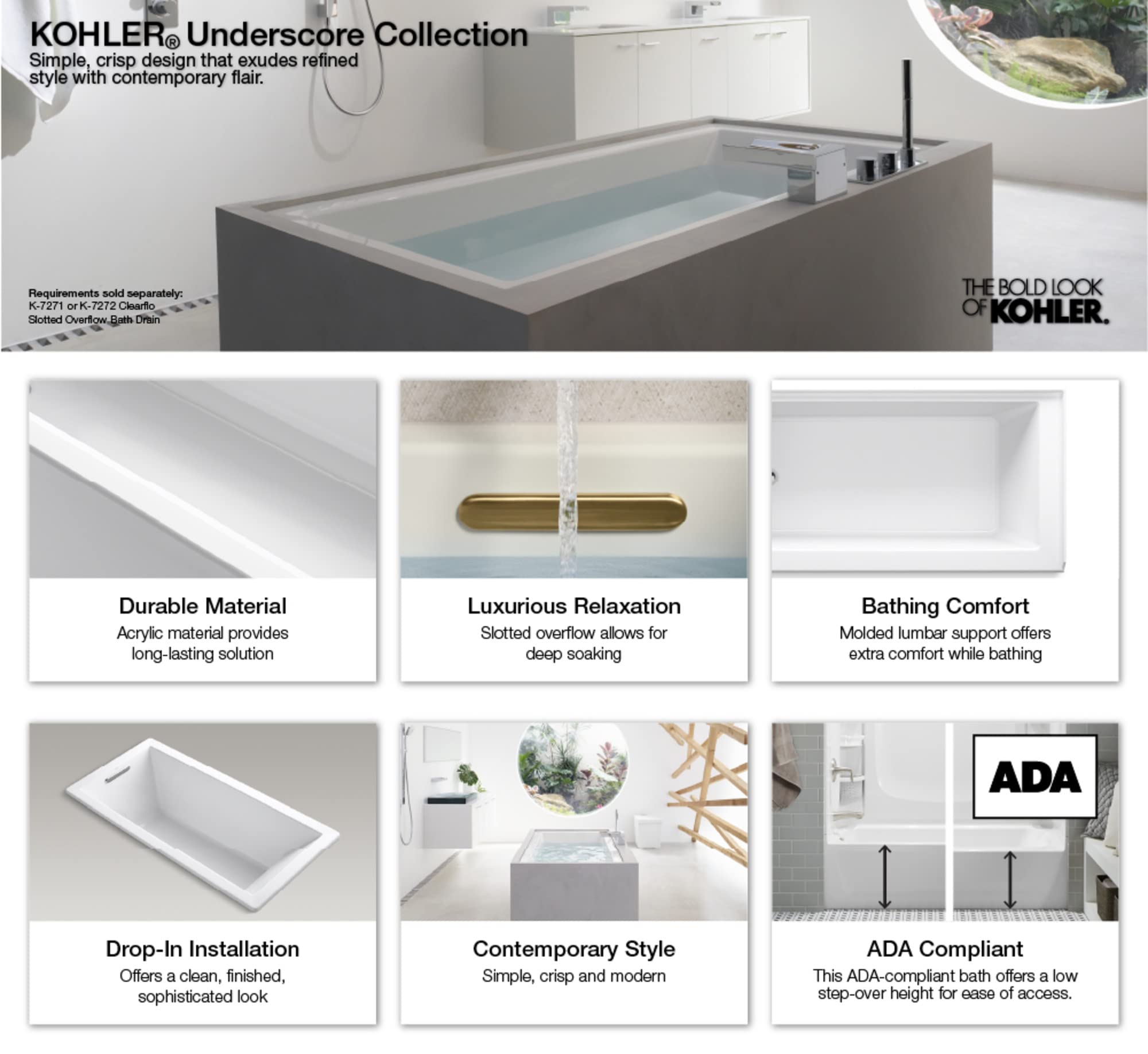 KOHLER K-1834-0 Underscore Rectangle 72-Inch x 36-Inch drop-in bath with center drain, White