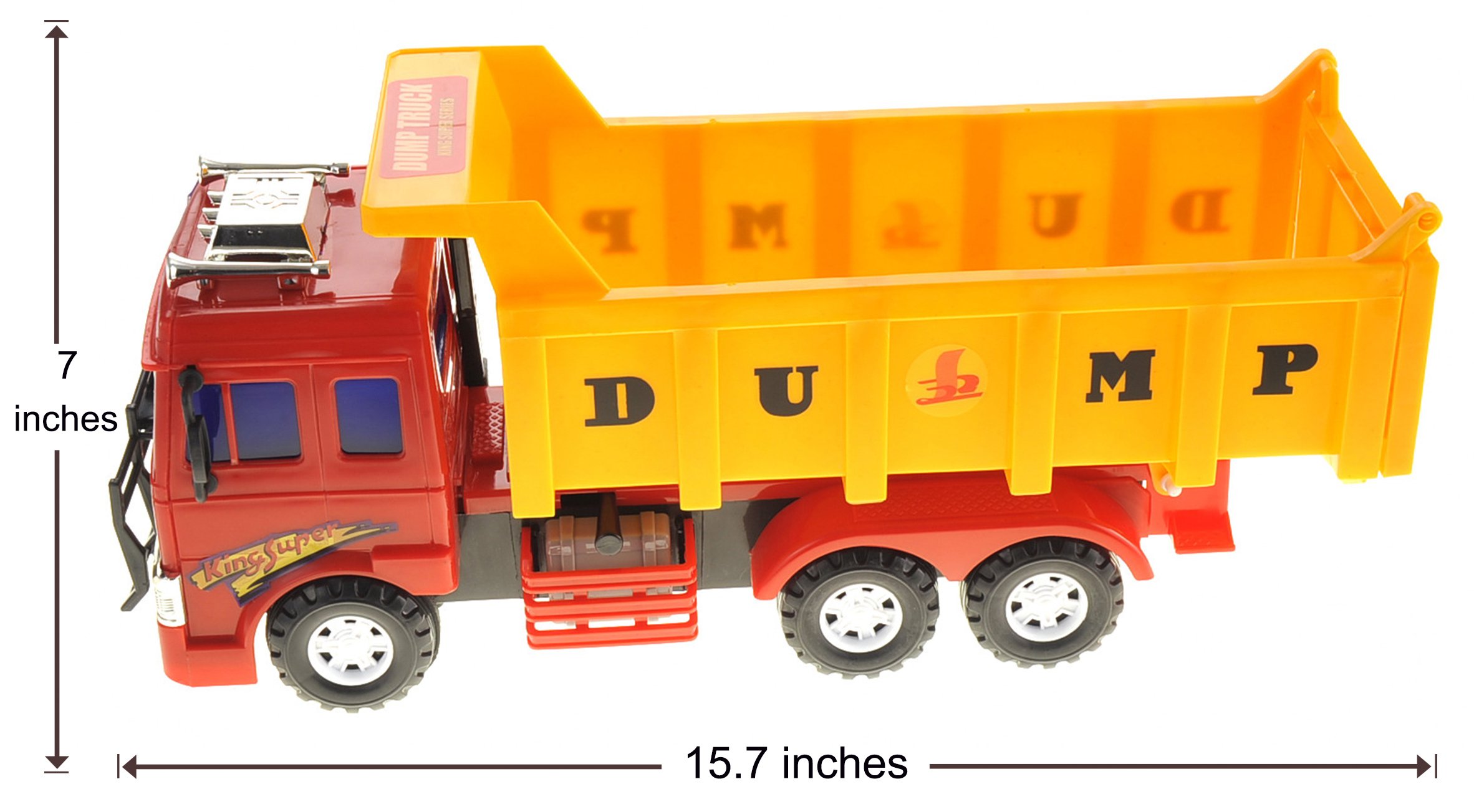 PowerTRC 15" Push & Go Dump Truck Toy | Realistic Friction Powered Dump Construction Truck for Kids Ages 3 Up