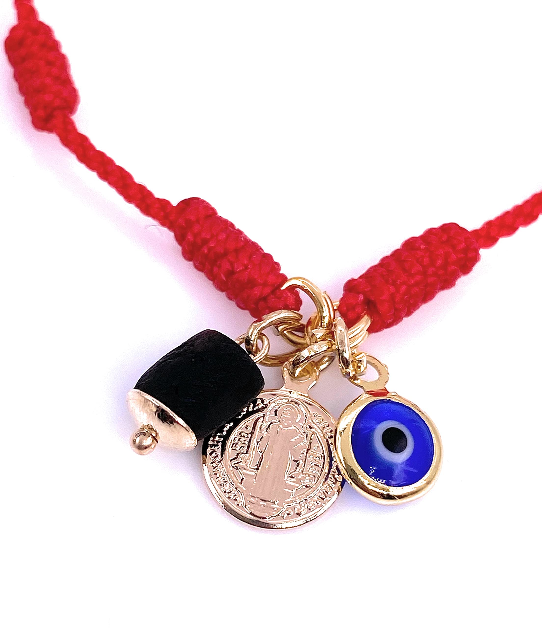 LESLIE BOULES Red Thread Saint Benedict Bracelet Blue Evil Eye & Genuine Azabache Stone Pendants Handmade Jewelry