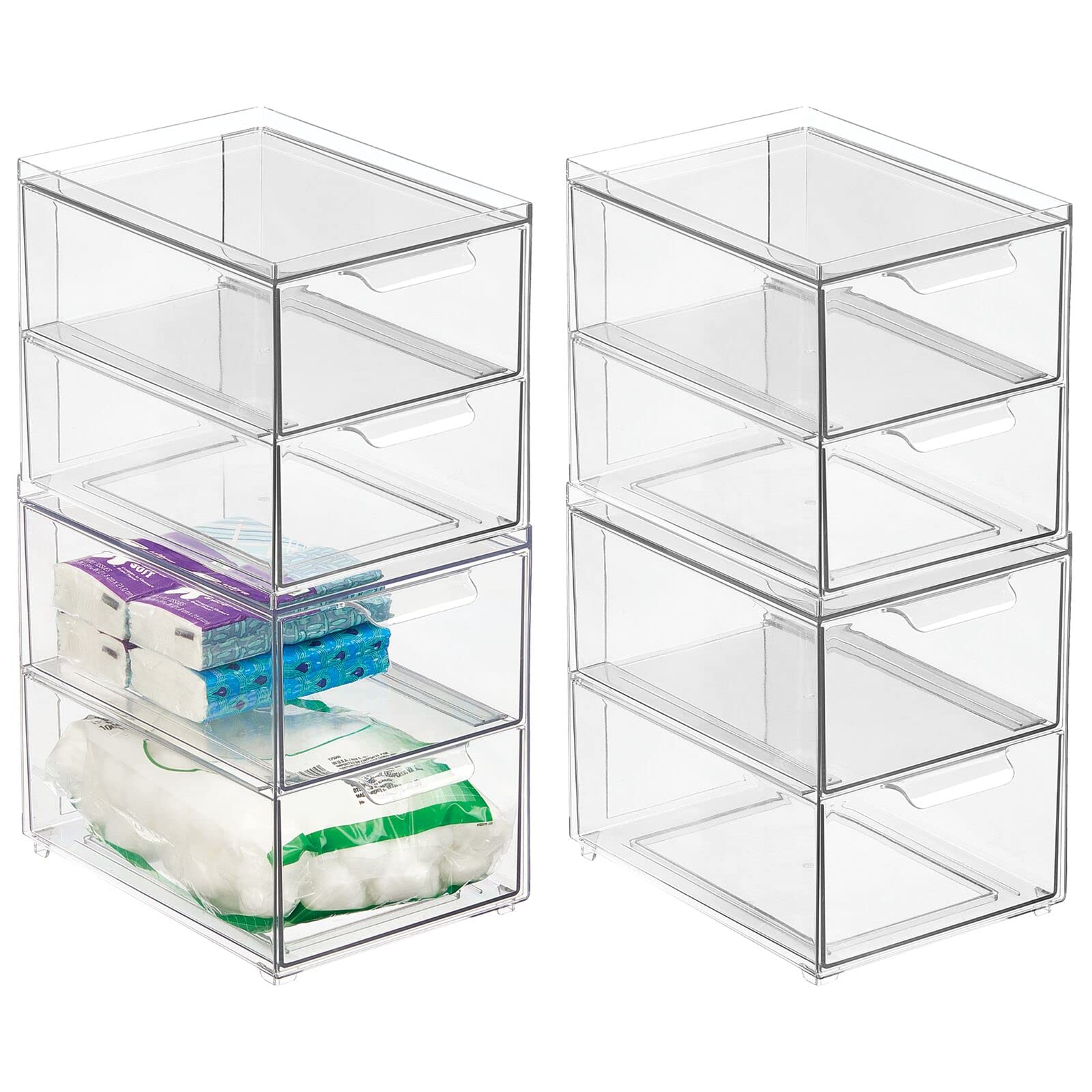 mDesign Stackable Storage Containers Box with 2 Pull-Out Drawers - Stacking Plastic Drawer Bins for Master or Guest Bathroom, Linen Closet, Vanity, Makeup Table Lumiere Collection 4 Pack, Clear