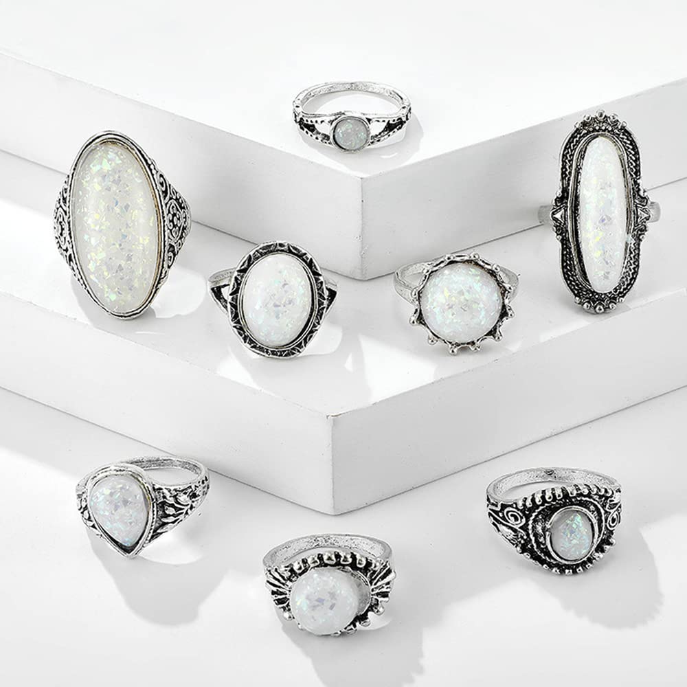 Octwine 8Pcs Silver Bohemian Statement Knuckle Rings Oval White Geometry Crystal Rhinestones Rings Stackable Rings Stacking Ring Jewelry for Women