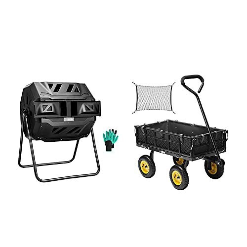 VIVOHOME Outdoor Tumbling Composter Dual Rotating Batch Compost Tumblers and Heavy Duty 400Lb Steel Garden Cart with Liner,Removable Sides and 8 inch Wheels (Black)