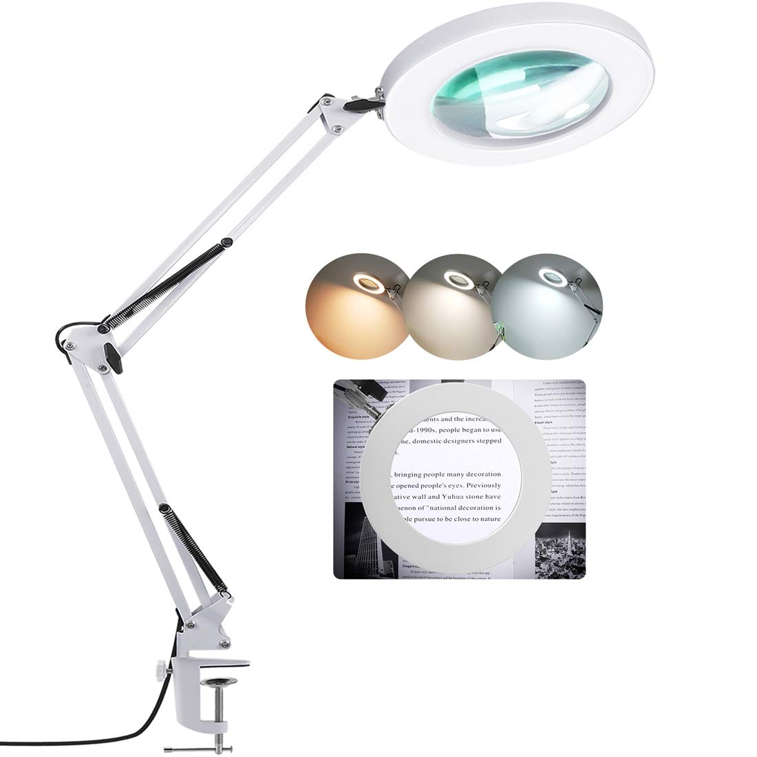 LANCOSC Magnifying Desk Lamp, 10X Real Glass Lens, 3 Color Modes, Stepless Dimmable, Adjustable Swivel Arm with Clamp, LED Magnifier Light and Stand for Crafts, Reading, Close Work - White