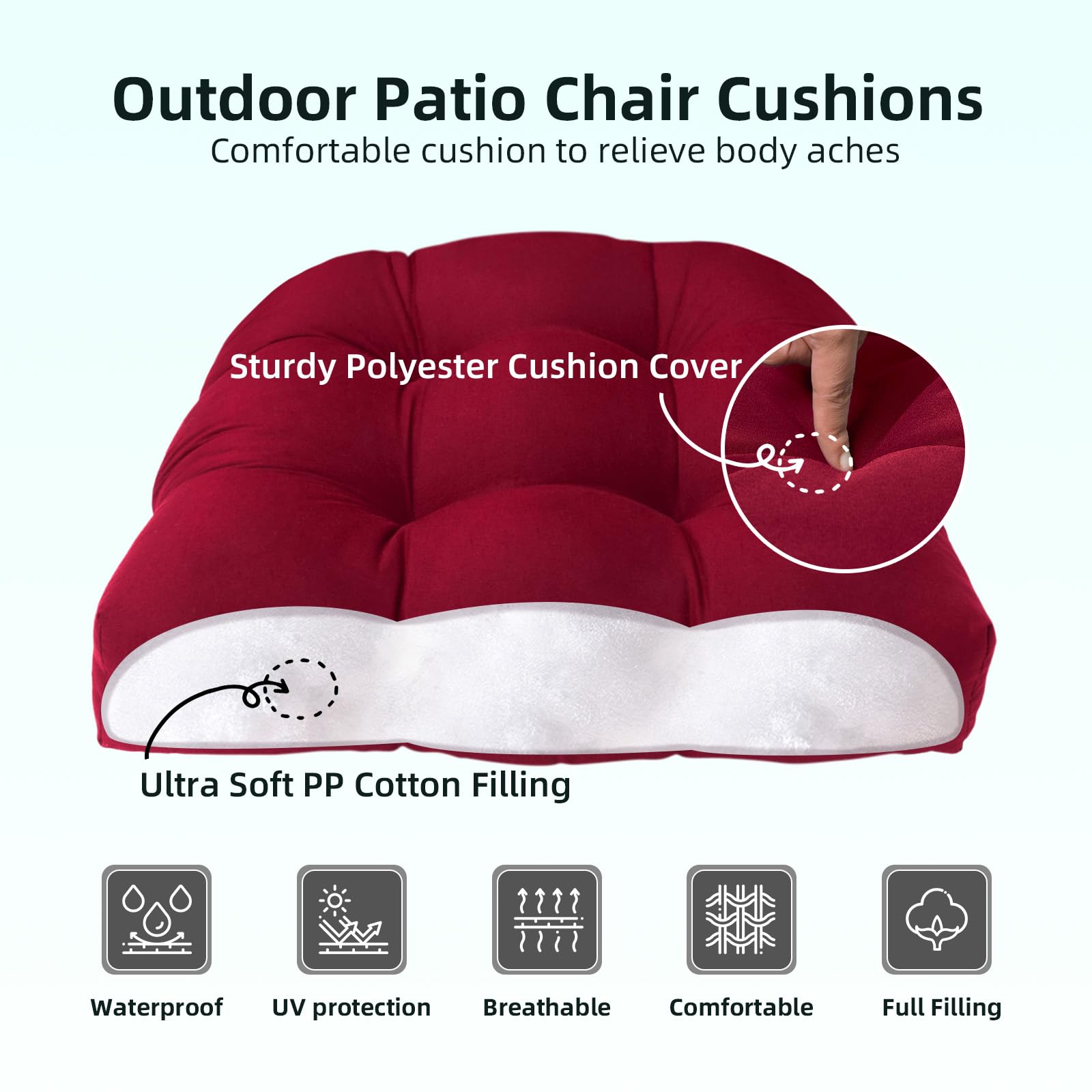 Wadser 2 Pack Seat Cushions Black, Waterproof Wicker Chair Cushions, U-Shape Tufted Chair Pads 19x19 inches for Patio Garden Chairs