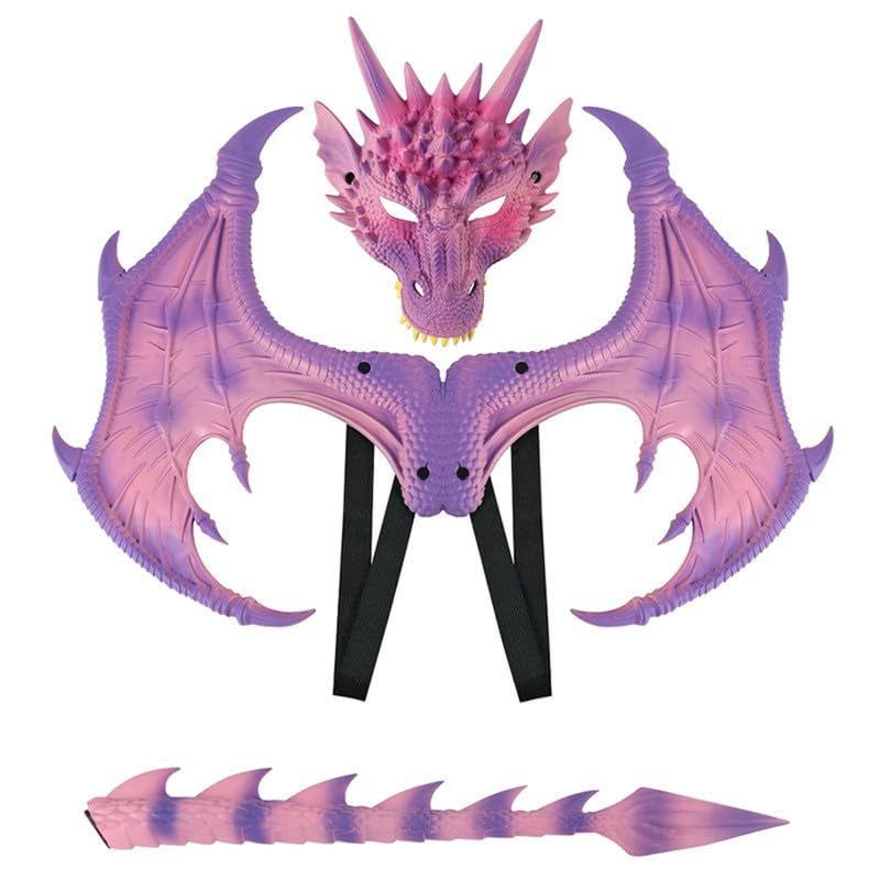 KiMooGarden Dragon Wings Costume Kids Cosplay Wings Dinosaur Tail Mask Halloween Dragon Costume (Pink Set, 3 Piece)