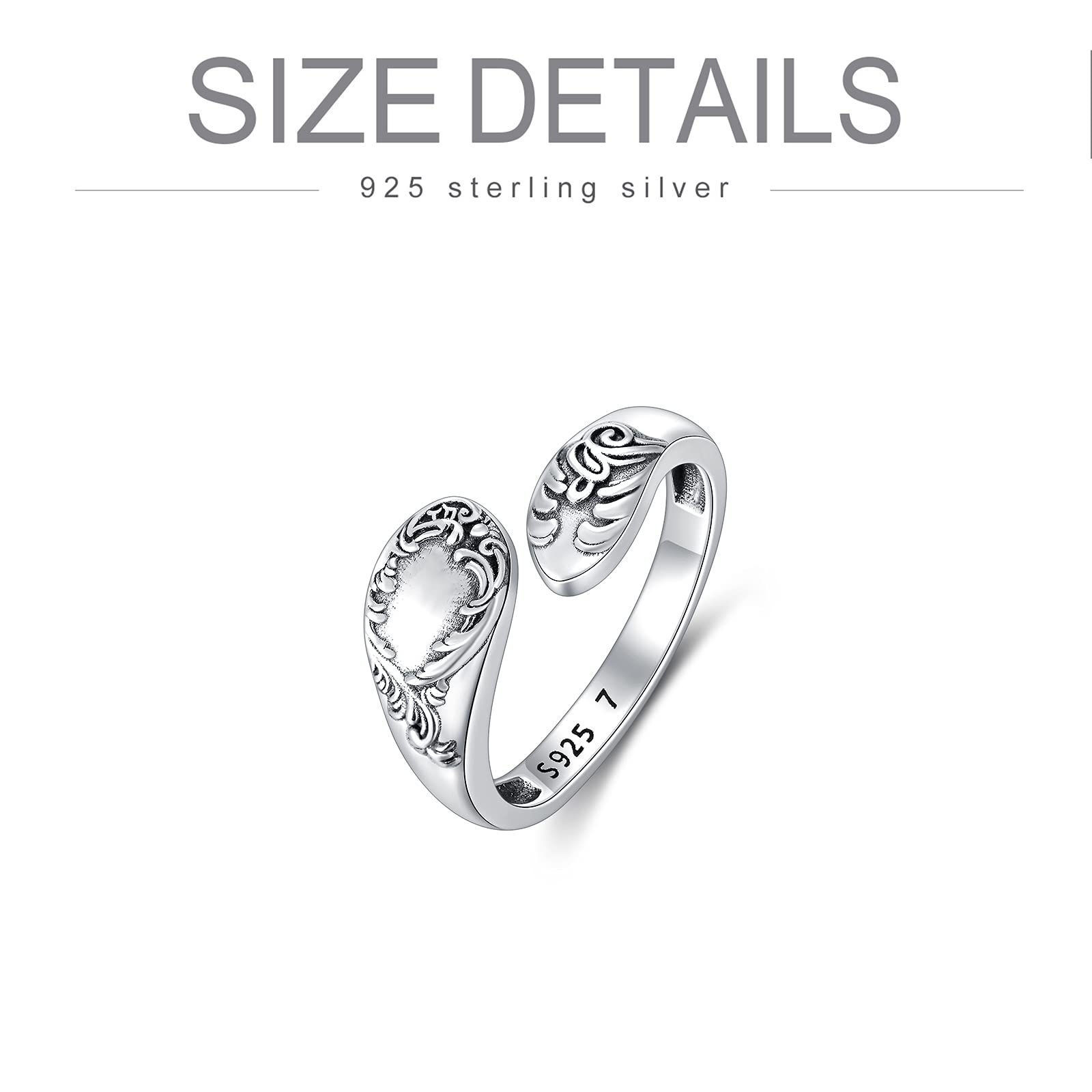 PROESS Sterling Silver Spoon Ring with Oxidized Open Wrap Ring Spoon Ring for Women Girls Couple, Size 7
