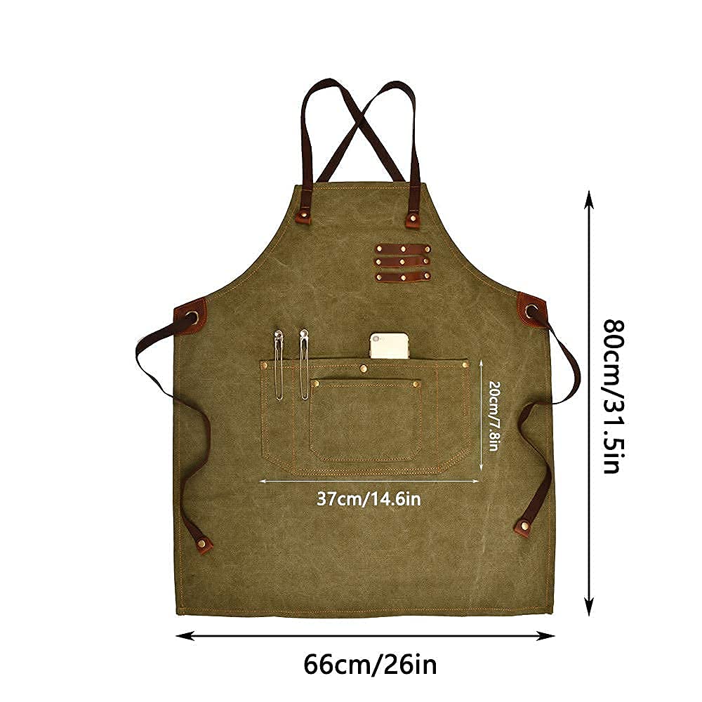 urhgart Waxed Canvas Work Aprons for Men & Women, Shop Apron, Heavy Duty Woodworking, Barista, Barber, Chef, Bartender, Metal Working, with Pockets (Green 1 Piece)