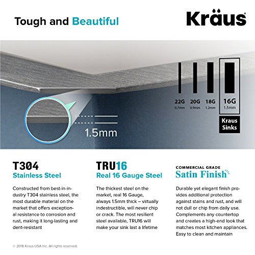 KRAUS Pax 22 1/2-inch 16 Gauge Undermount Single Bowl Stainless Steel Kitchen Sink, KHU23, Satin