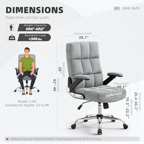 YAMASORO Velvet Office Chair High Back Executive Desk Chair with Flip-up Arms Modern Computer Chair with Wheels for Adult (Grey)