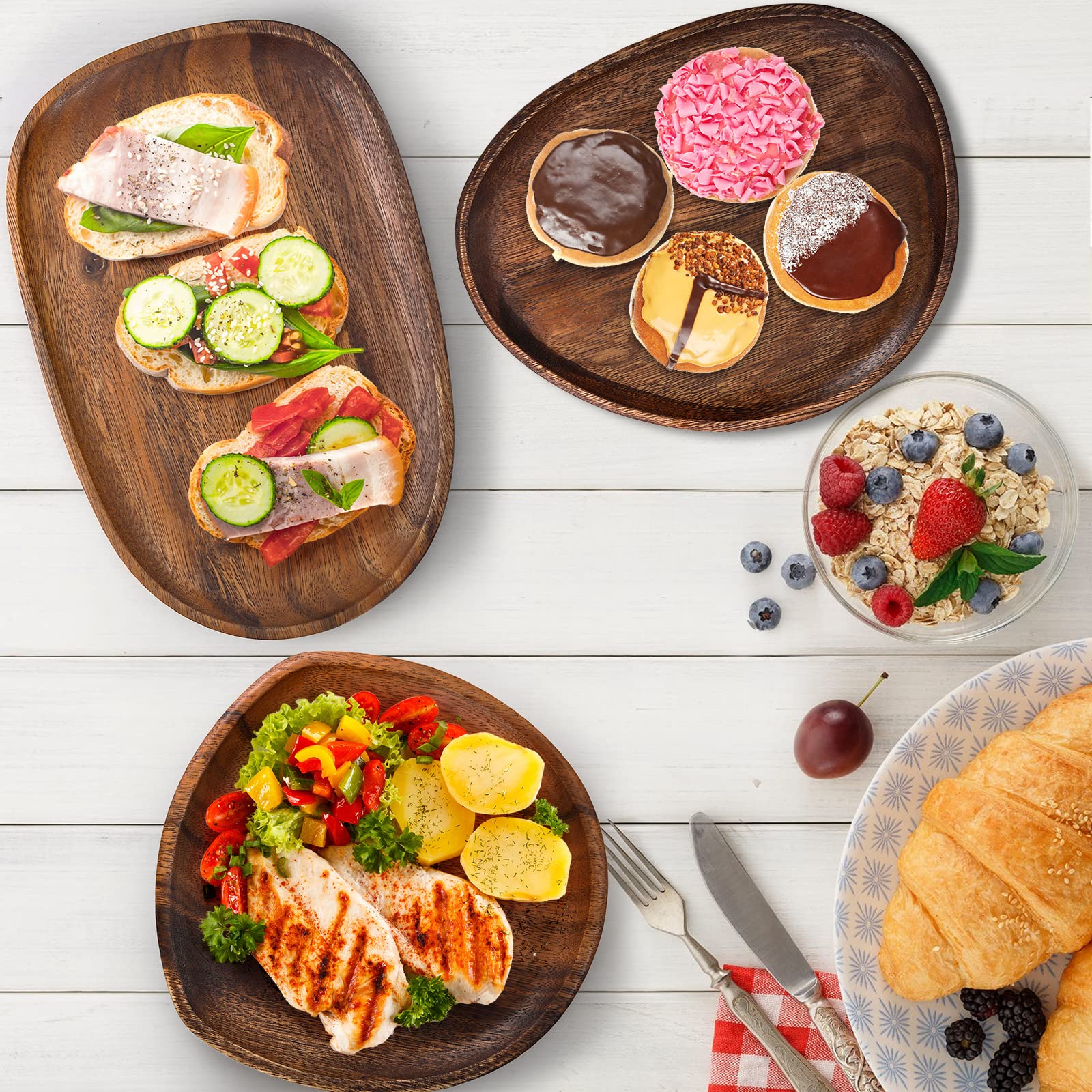 Okllen Set of 5 Acacia Wood Serving Platter and Trays, Irregular Oval Solid Wood Plates Serving Tray, Lightweight Wood Dinner Plates for Breakfast, Coffee, Tea, Snack, Plant, Housewarming Gift