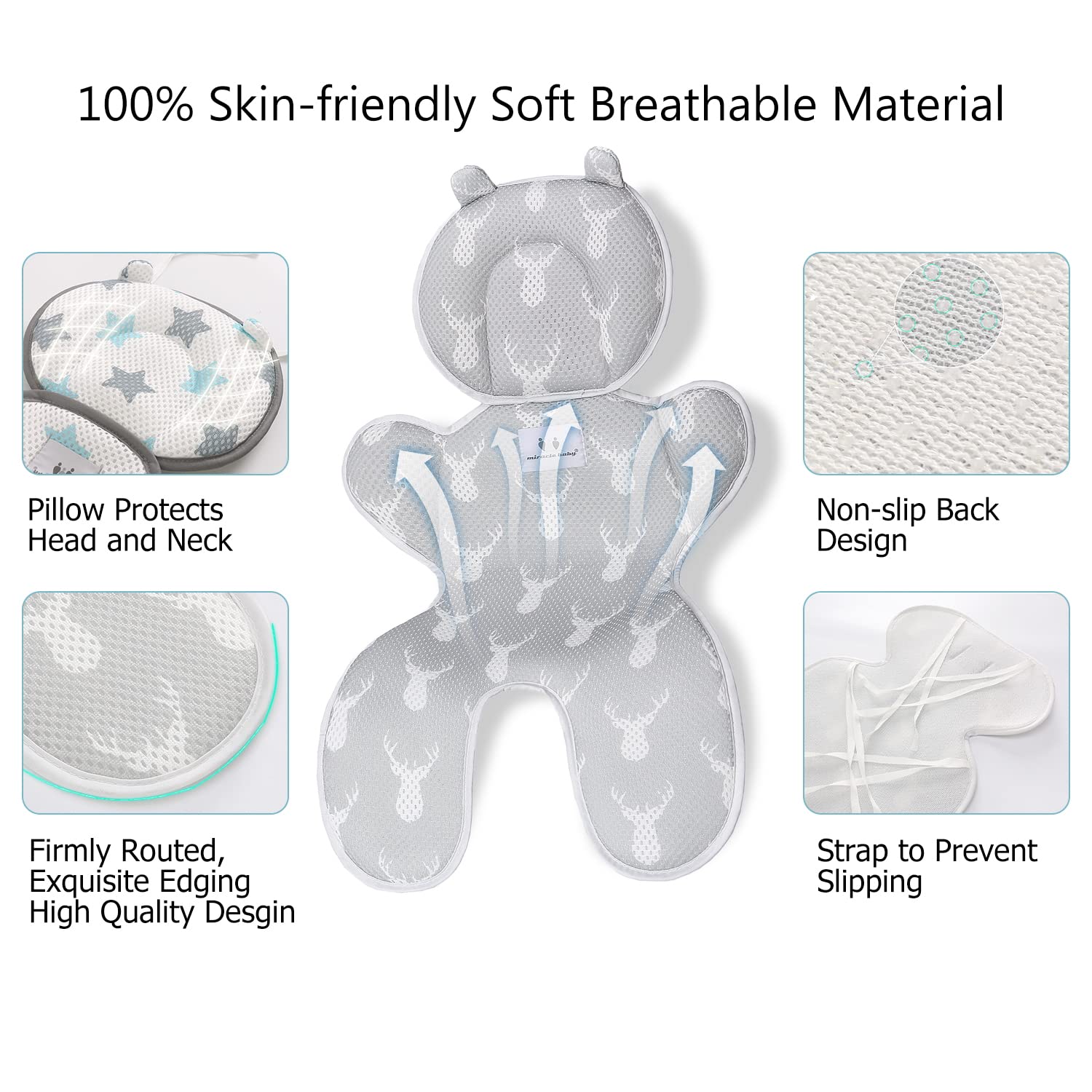 Stroller Seat Liner Pad for Children 3D Mesh Breathable Stroller Liner Insert Cover Stroller Cushion Pad for Baby Infant Double Layer (Grey Deer)