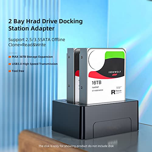 USB 3.0 to SATA Dual-Bay External Hard Drive Docking Station for 2.5 or 3.5 Inch HDD/SSD. Support Offline Clone Duplicator, UASP, and Auto Sleep Function. Black K3082