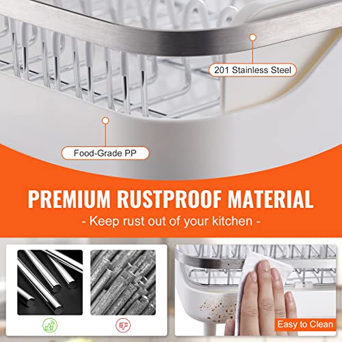VEVOR Dish Drying Rack, Expandable (11.6"-18.5") Stainless Steel Dish Drainer with Drainboard, Large Capacity Storage Space Saver, Single Tier Cup and Utensil Holder for Kitchen Counter Over The Sink