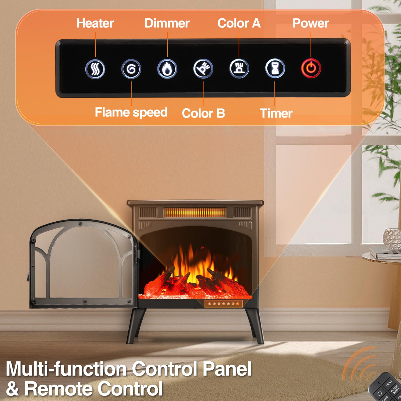 LHRIVER Electric Fireplace Heater w/ Remote,24'' Portable Infrared Fireplace Stove w/ Multiple 3D Flame, Adjustable Temp & Brightness,Timer 5100BTU Freestanding Electric Fireplace Heaters Indoor Use