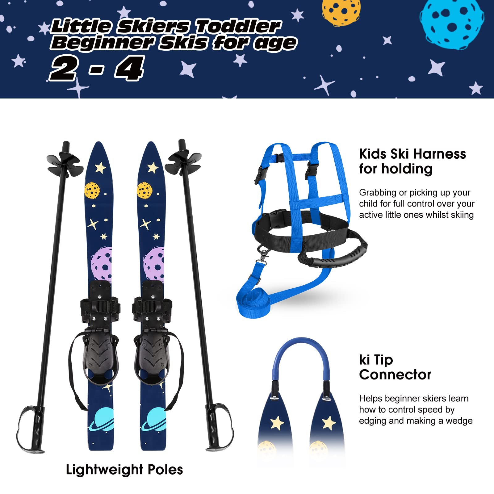 Odoland 4-in-1 Kid's Beginner Snow Skis with Poles, Training Harness and Ski Tip Connector, Low-Resistant Ski Boards for Age 4 and Under, Toddler Skiing Harness with Removable Leash, Dark Blue