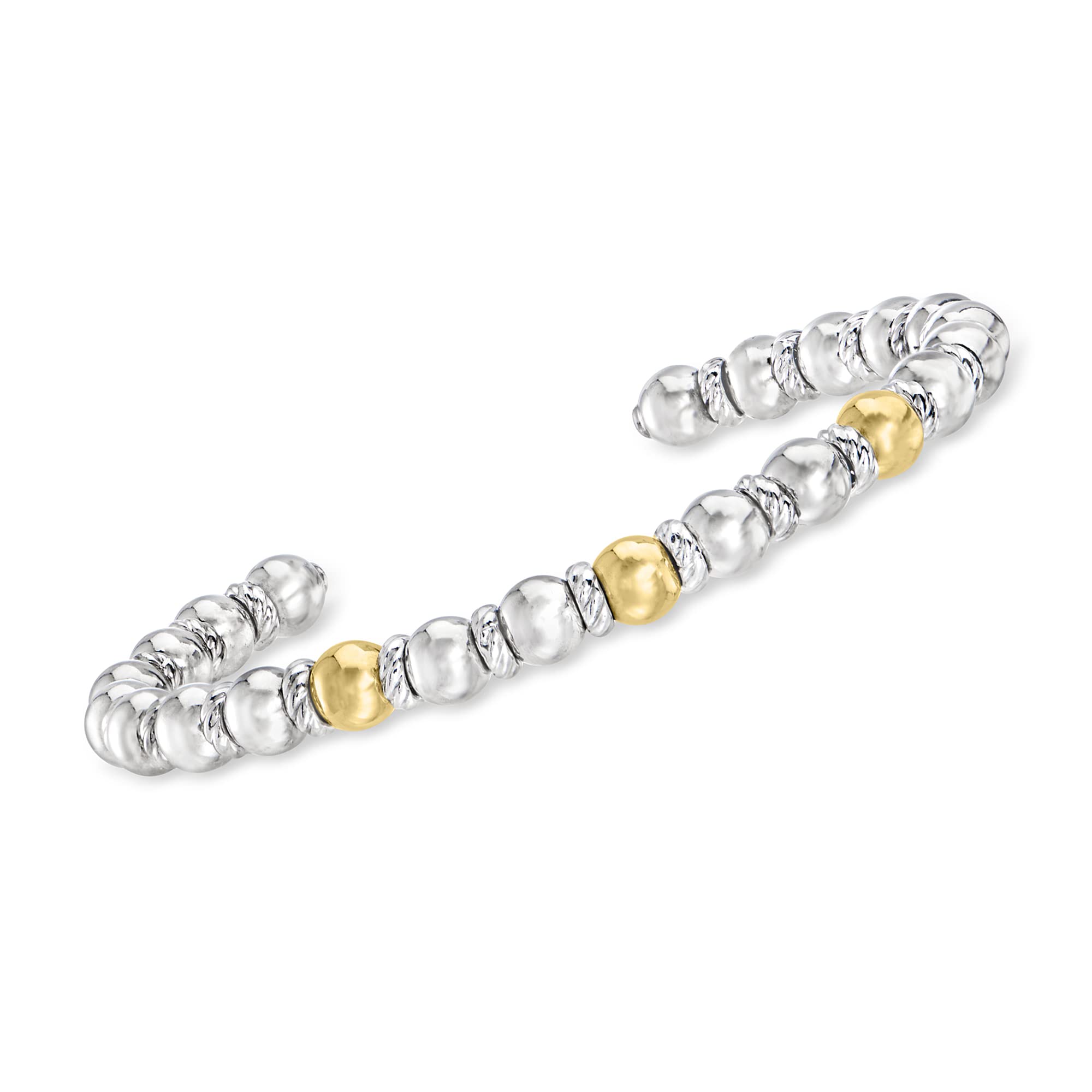 Phillip Gavriel "Italian Cable" Sterling Silver Bead Cuff Bracelet With 18kt Yellow Gold. 7 inches