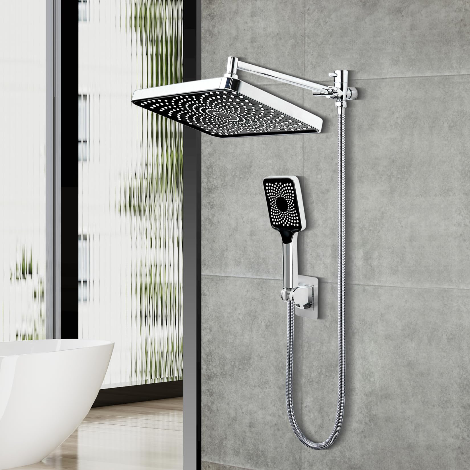 Shower Head,14”Rain Shower Head with Handheld Spray Combo with ON/OFF Pause Switch and 11'' Angle Adjustable Extension Arm/Flow Regulator,High Pressure Nozzle Easy to Clean Bathtub,Chrome