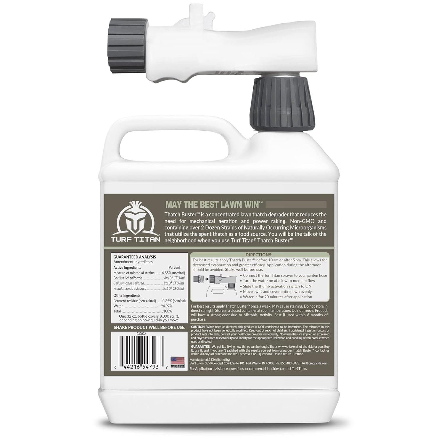 Turf Titan Thatch Buster with Hose End Sprayer – Natural Lawn Aerator and Grass Dethatcher – Probiotic Solution for Improved Lawn Drainage, Soil Health, and Strength (32oz)