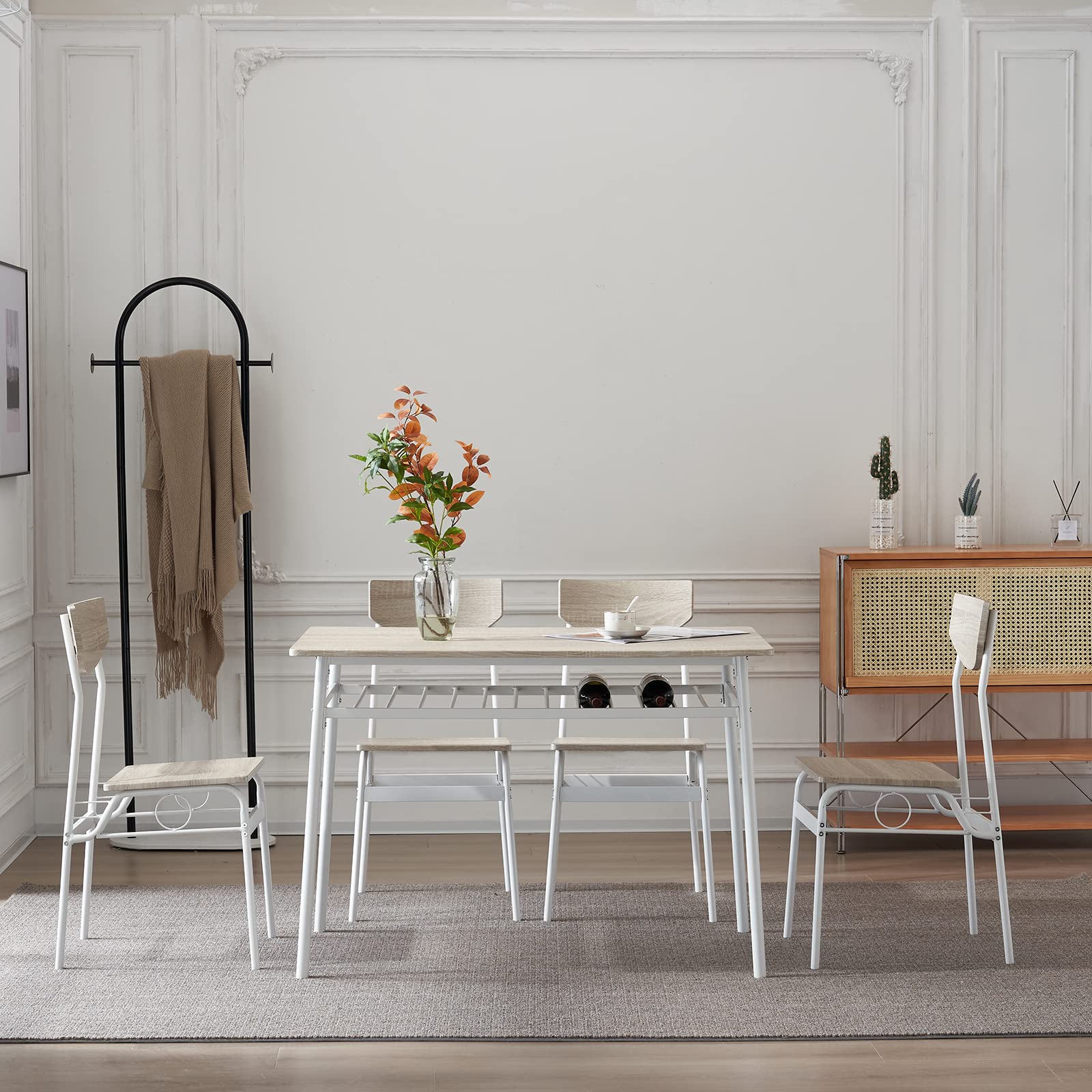 Karl home 5-Piece Dining Table Set for 4, Rectangular Table and 4 Chairs, Farmhouse Table Set for Kitchen & Dining Room, Industrial Metal Frame & Storage Rack, Save Space (White)