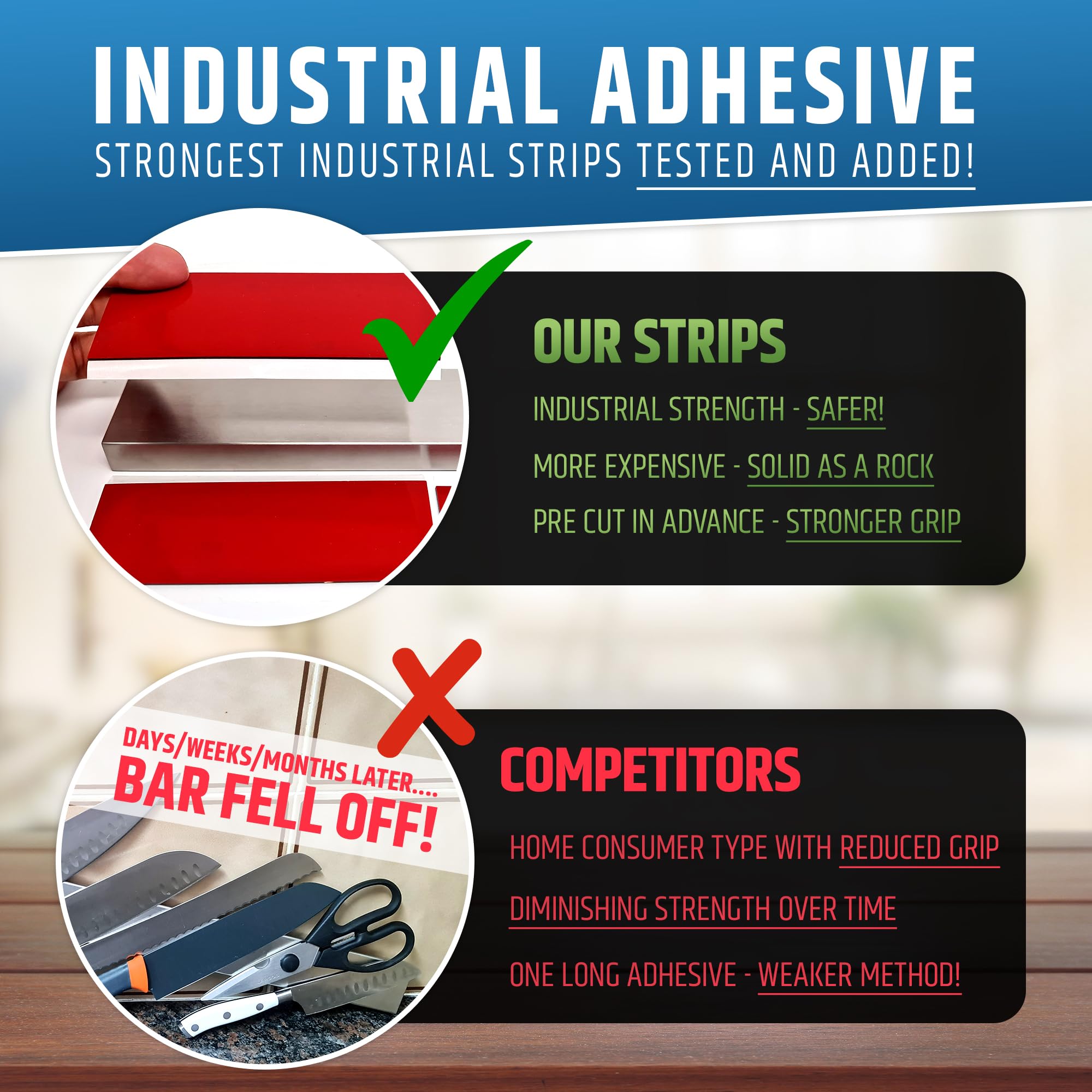 Strong Adhesive (No Drill) Magnetic Knife Holder for Wall - Professional 24 Inch Knife Strip - No Screws Needed - Adhesive Backing - Stainless Steel Knife Bar (Upgraded Version β Will Not Fall)