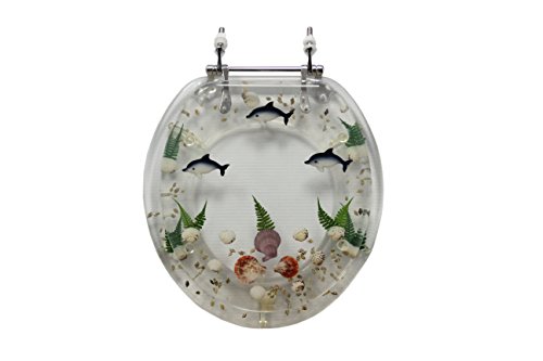 Trimmer Mother of Pearl Polyresin Toilet Seats in Pearl White with Dolphins and Coral