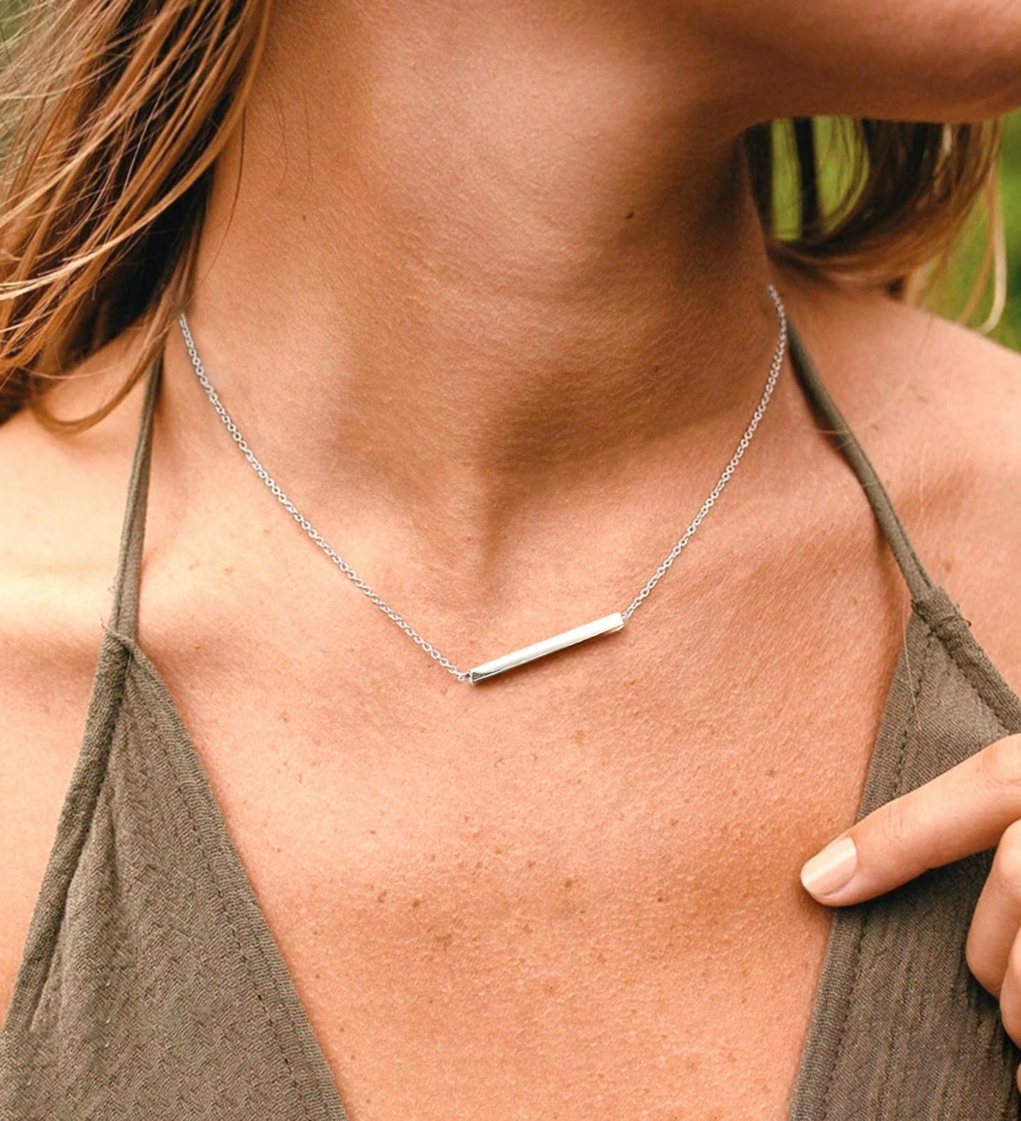 KristLand - Women Simple Bar Pendant Necklace Dainty 18K Gold Necklace Rose Gold Plated Simple Design Solid Circle, Heart Choker Chain Silver Necklaces for Women A Solid Bar Silver
