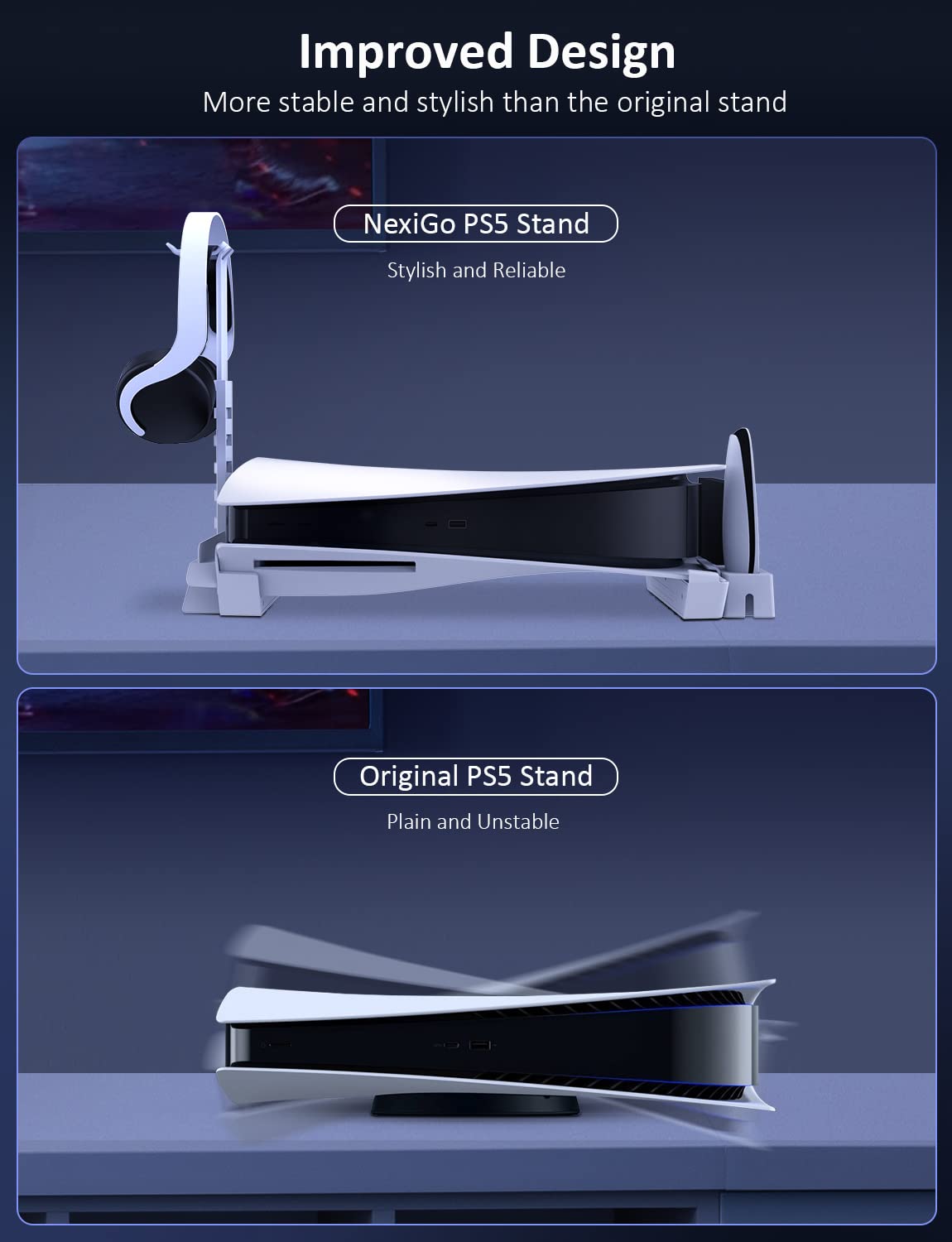 NexiGo PS5 Horizontal Stand Modular System, [Minimalist Design], Base Stand with Headset Holder, Hard Drive and Media Remote Slots, Compatible with PlayStation 5 Disc & Digital Editions