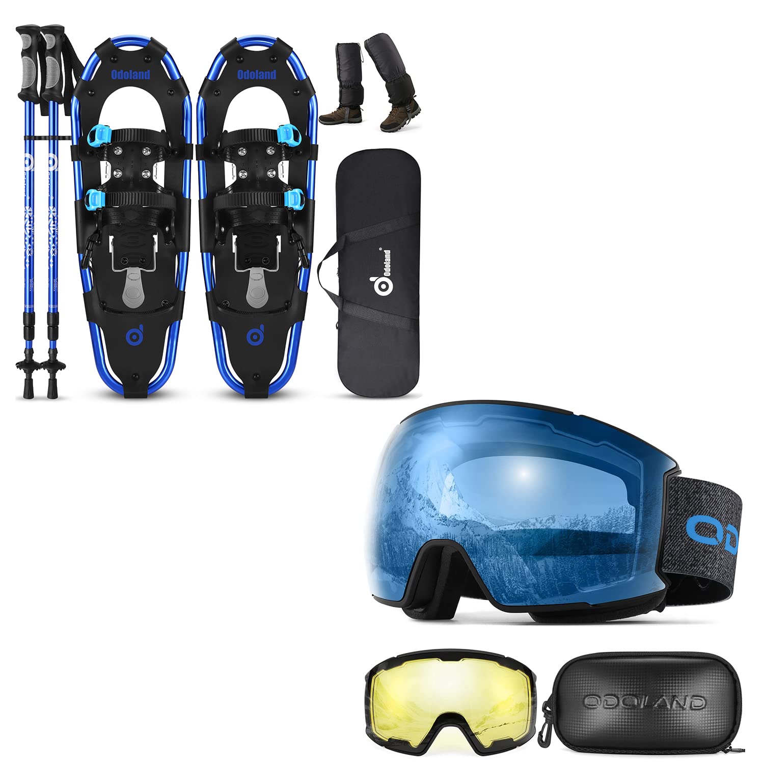 Odoland Bundle - 2 Items 4-in-1 Snowshoes with Trekking Poles, Blue, S and Magnetic Interchangeable Ski Goggles Set with 2 Lens, Dull Black Frame Blue Lens vlt 35%