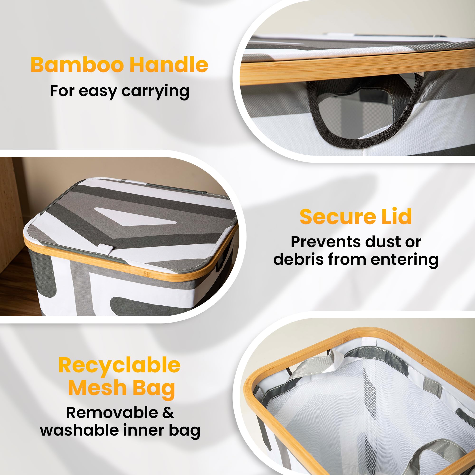 SUUBIRA Laundry Hamper with Lid β Dirty Clothes Hamper with Bamboo Handle β 100L Modern Hampers for Laundry β Collapsible Laundry Basket with Lid and Removable Mesh Bag
