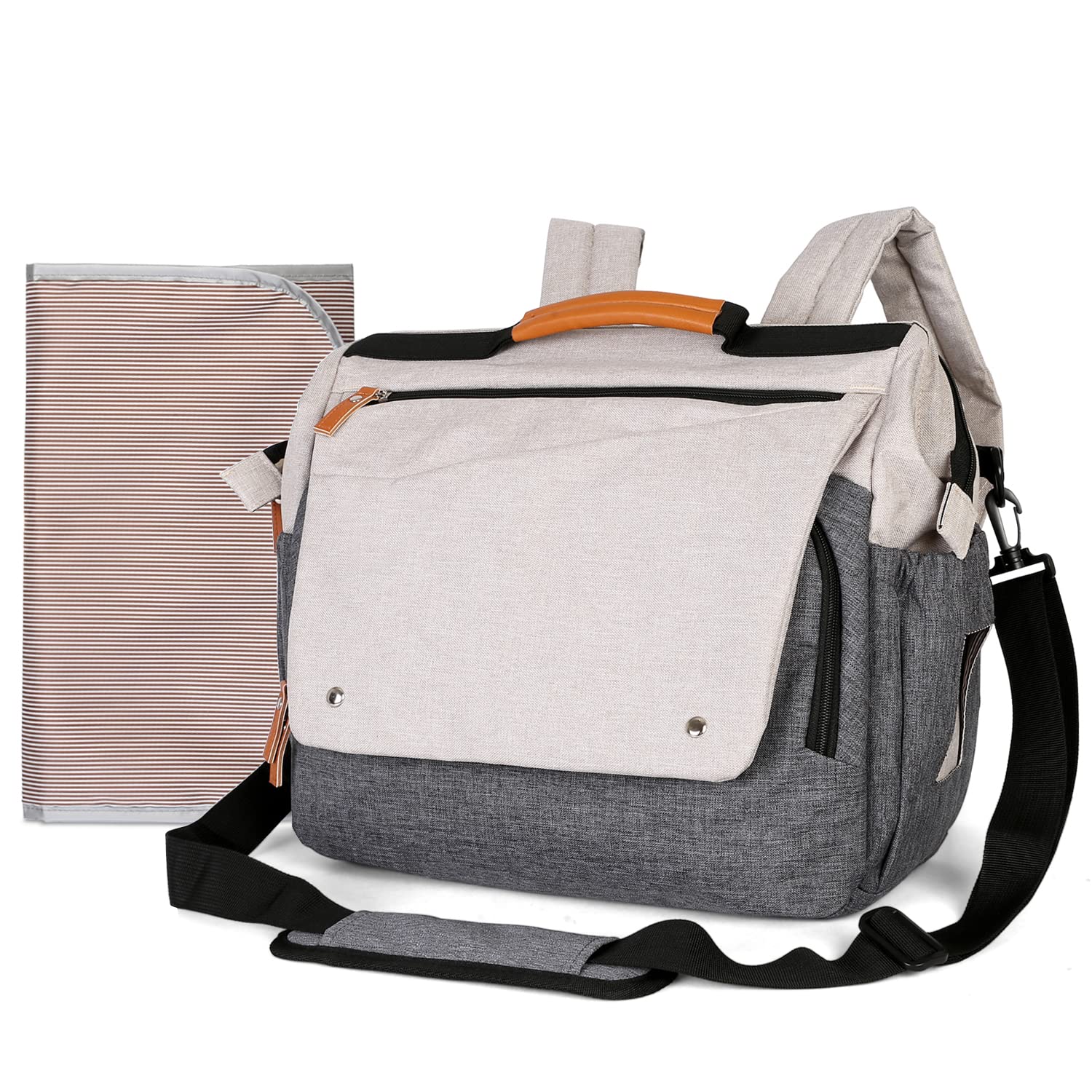 Large Diaper Bag w/Changing Pad, Messenger & Backpack Diaper Bag, Laptop Convertible Wide Open Mommy Bag, Waterproof w/Stroller Belts (Beige/Grey)