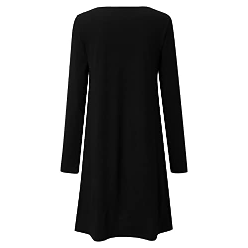 Pinkpaopao Elegant V Neck Black Dress for Women Long Sleeve Solid Color Loose Shift Dress Plain Flowy Short Dress