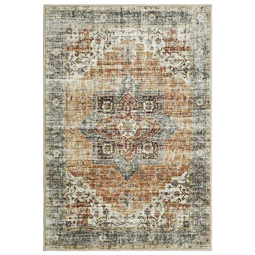 Zacoo Boho Area Rug 5x7 Washable Rug Vintage Soft Distressed Print Carpet Oriental Non-Slip Stain Resistant Low-Pile Throw Thin Bedroom Rugs for Living Room Dining Room Brown/Grey