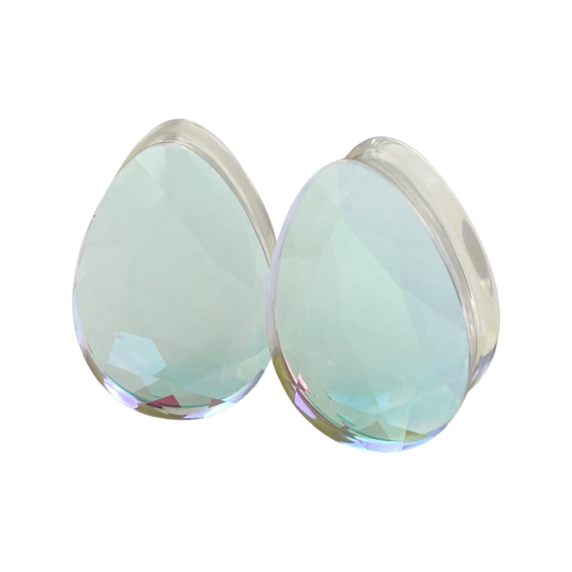 Pair of Aurora Borealis Iridescent Faceted Teardrop Glass Plugs (PG-554) (1/2" (12mm))
