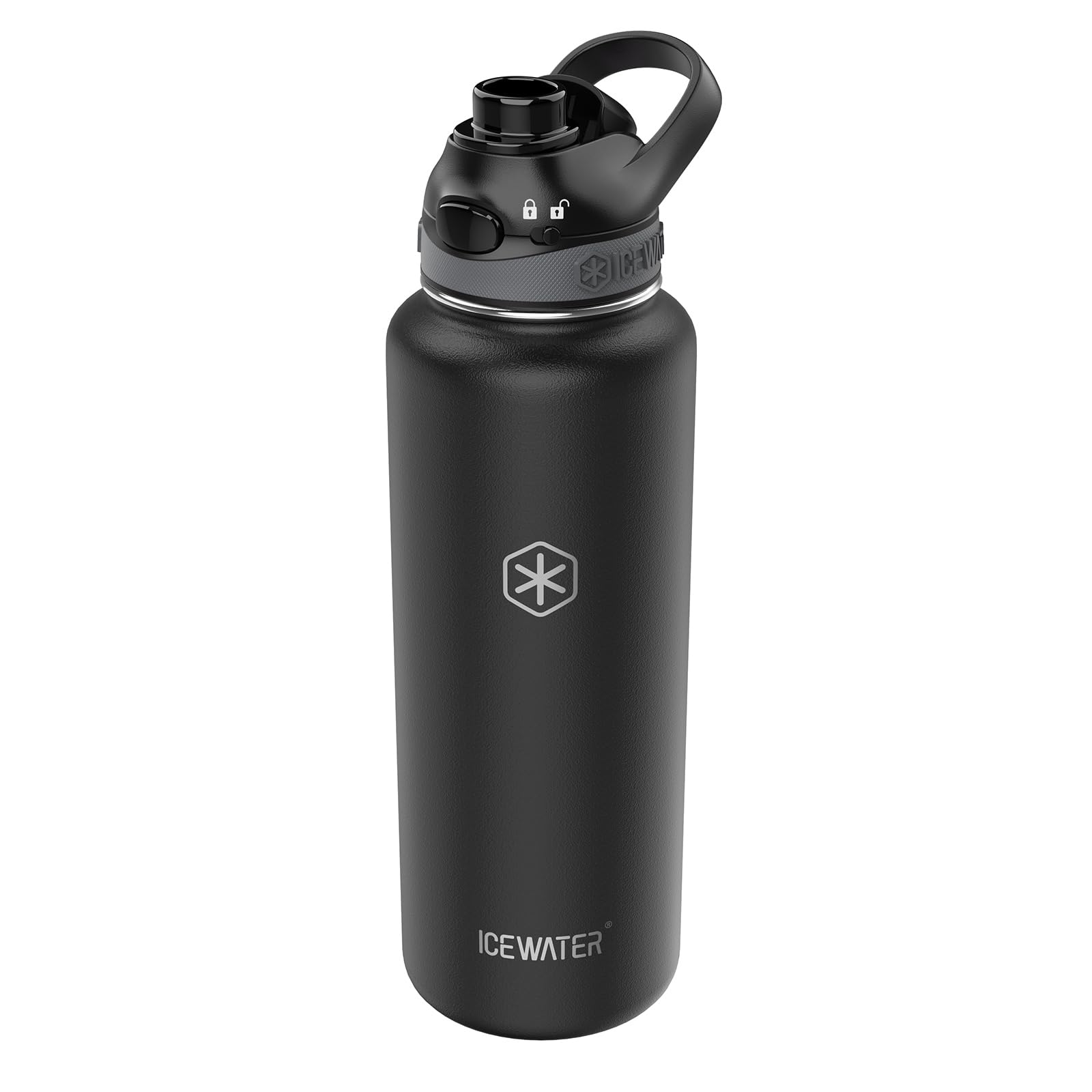 ICEWATER-40 oz, Auto Spout Lid, Stainless Steel Water Bottle, BPA Free, Double Walled Vacuum, Lockable Lid, Leak Proof, Pop-up Top, One-hand Operation (40 oz, Black)