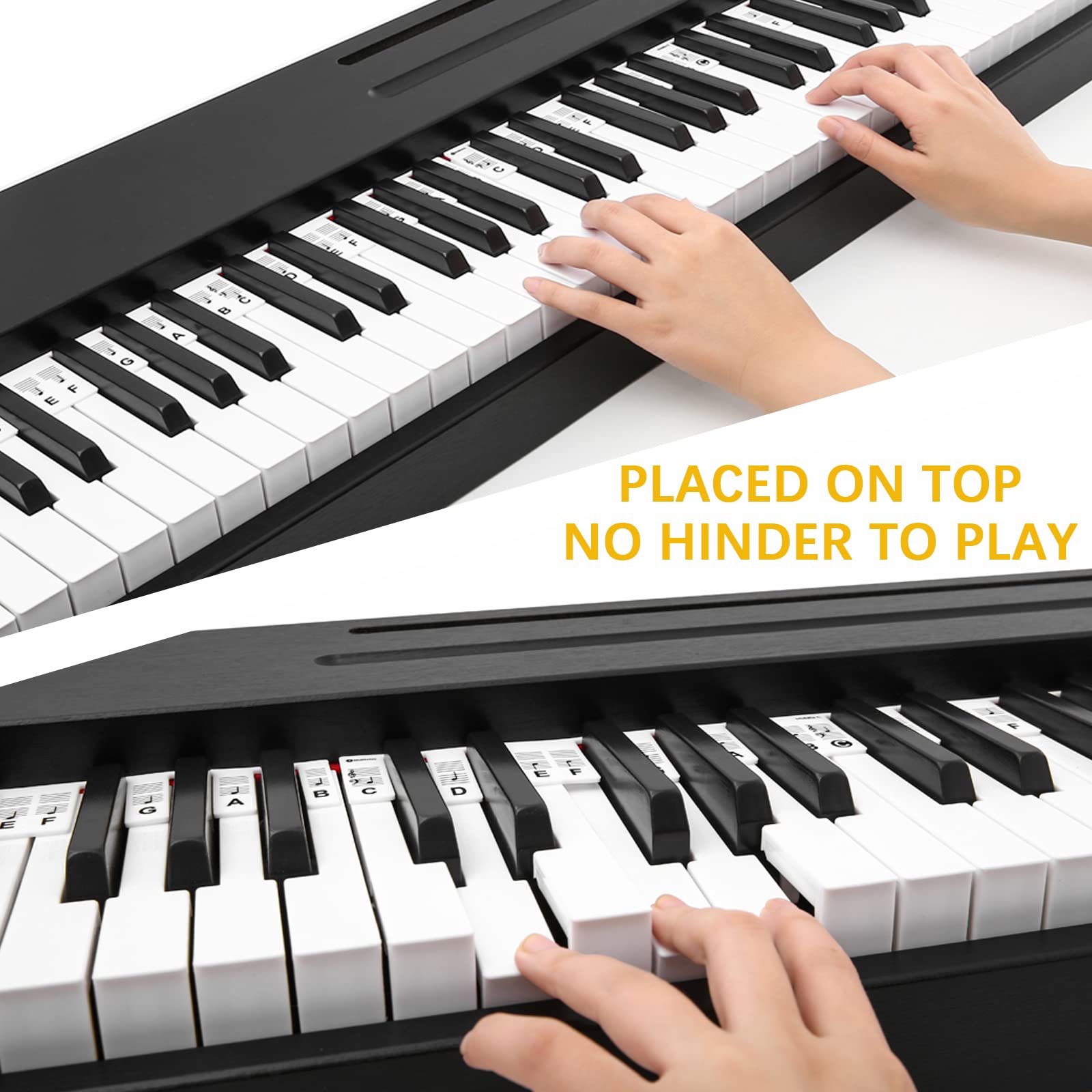 Removable Piano Keyboard Note Labels, 88-Key Full Size Piano Stickers, Made of Silicone, No Need Stickers, Reusable and Comes with Box, Double Staff Display of Piano Notes Guide for Beginner (Black)