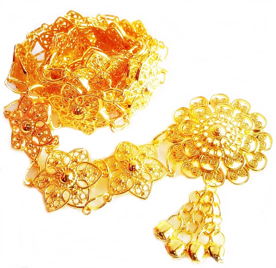 PunPund Belt Thai Gold Plate Star Flower Vintage Women Thailand Costume Wedding Chain Dress Dance Ram Thai 40-41 Inches