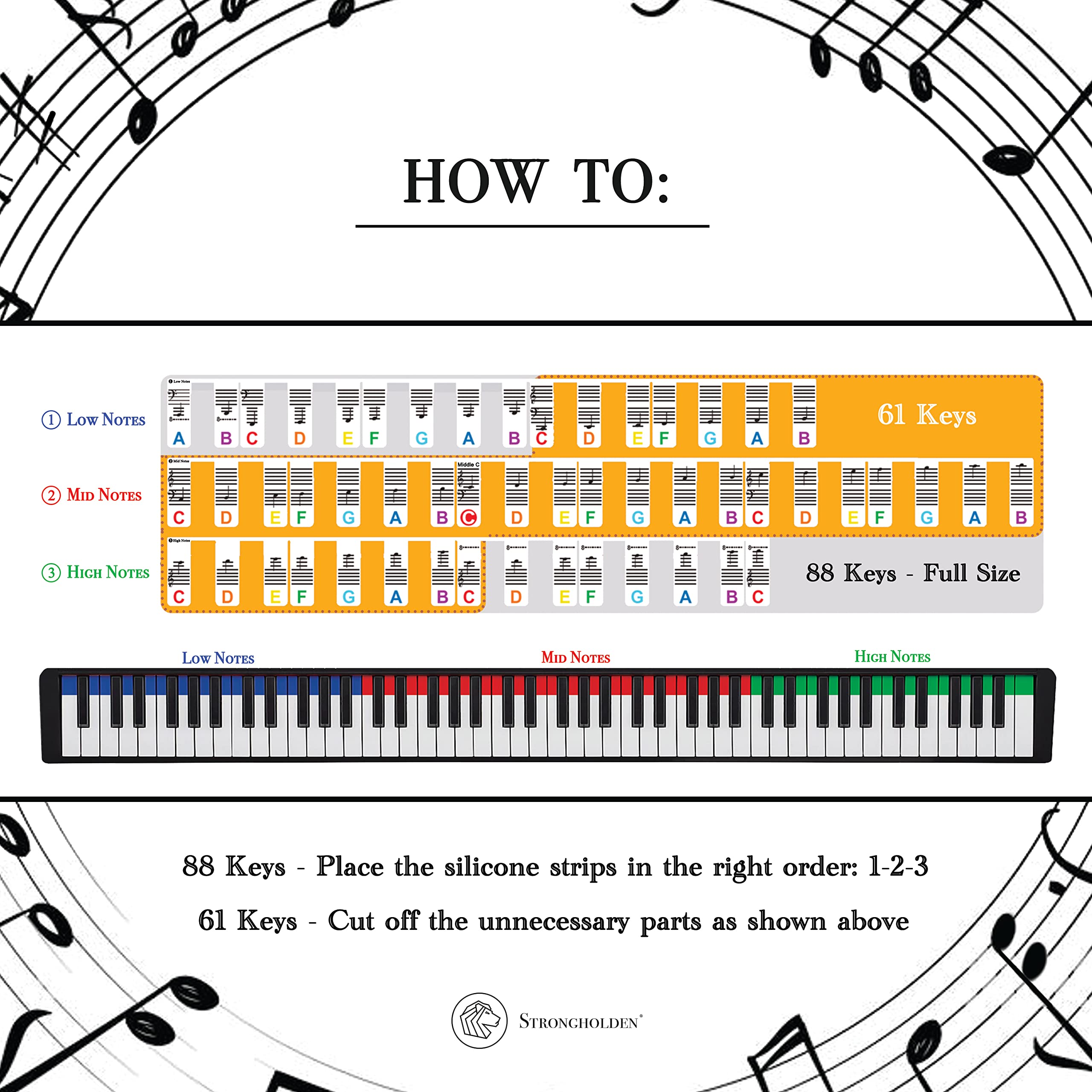 Removable Piano Keyboard Note Labels for Learning, Piano Notes Guide & Piano Keys Guide - 88-Key Full Size, Say Goodbye to Piano Key Stickers & Piano Keyboard Stickers (Colorful)
