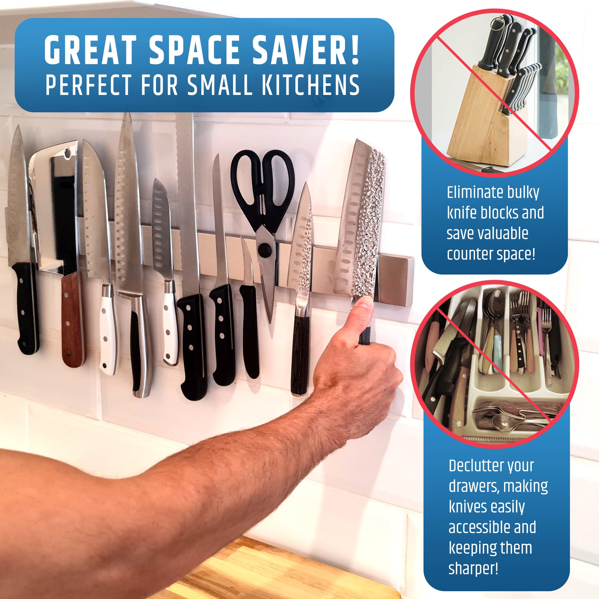 Strong Adhesive (No Drill) Magnetic Knife Holder for Wall - Professional 24 Inch Knife Strip - No Screws Needed - Adhesive Backing - Stainless Steel Knife Bar (Upgraded Version β Will Not Fall)