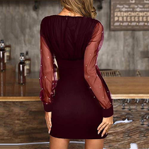 Pinkpaopao Pearl Mesh Elegant Dress for Women Lace Long Sleev V Neck Solid Color Slim Wrap Dress