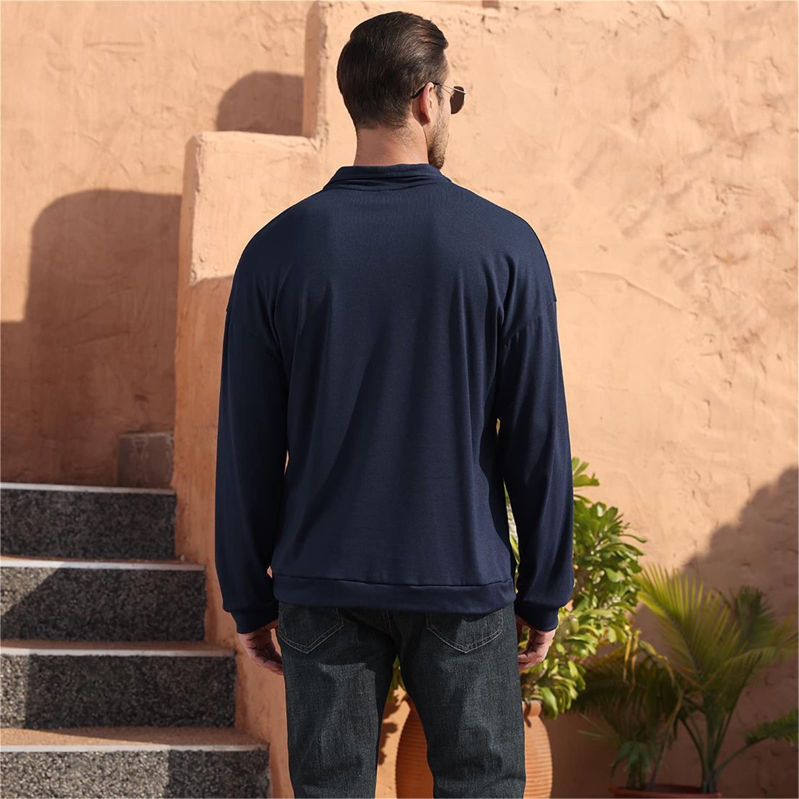 Opomelo Men's Long Sleeve Solid Polo Shirts -Fashion Casual Golf Shirt Collared T Shirts Navy Blue
