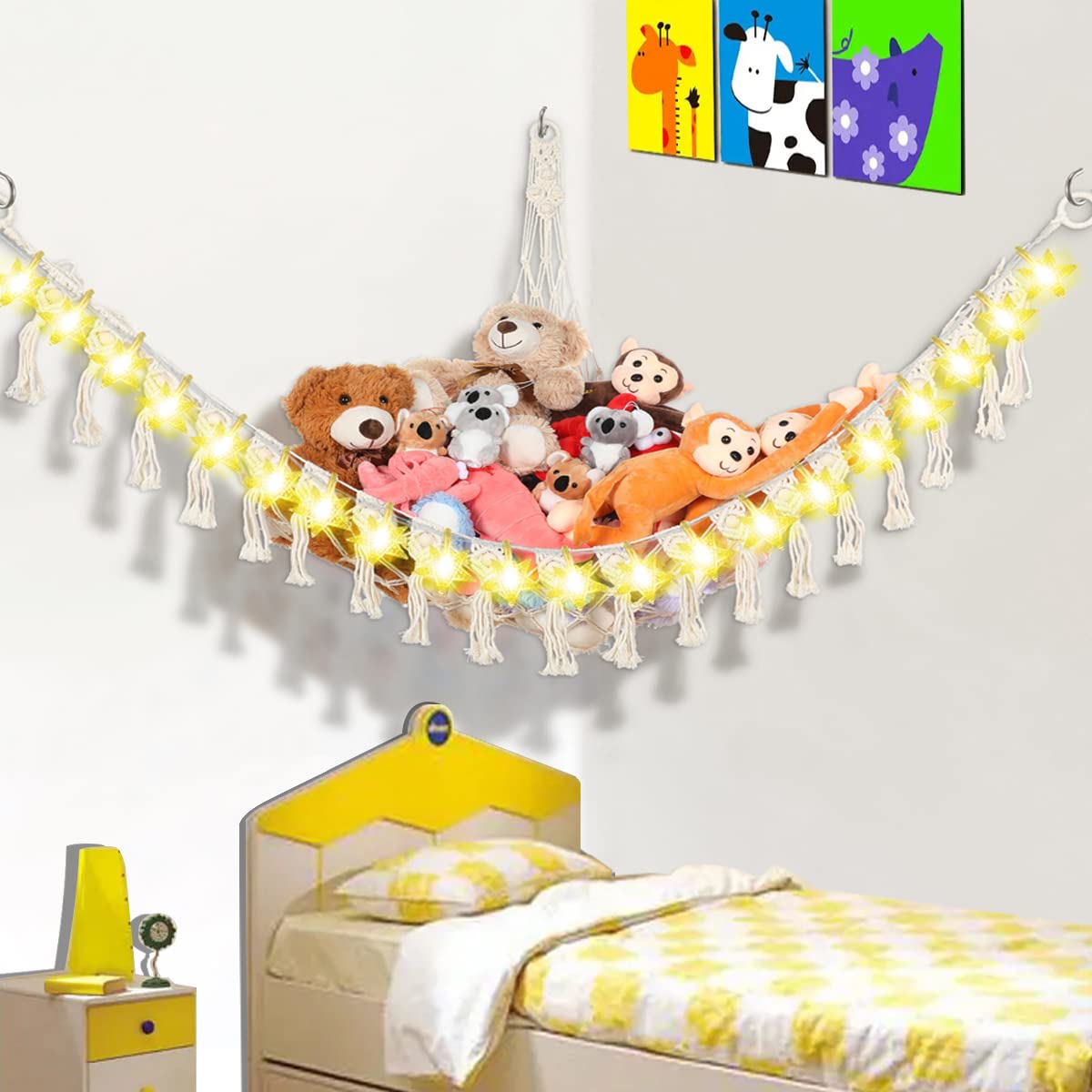 Stuffed Animal Net or Hammock, Stuffed Animal Storage Hammock for Wall with LED Light - Boho Hanging Plush Toy Organizer Corner Net for Kids Bedroom Large Capability Toy Hammock