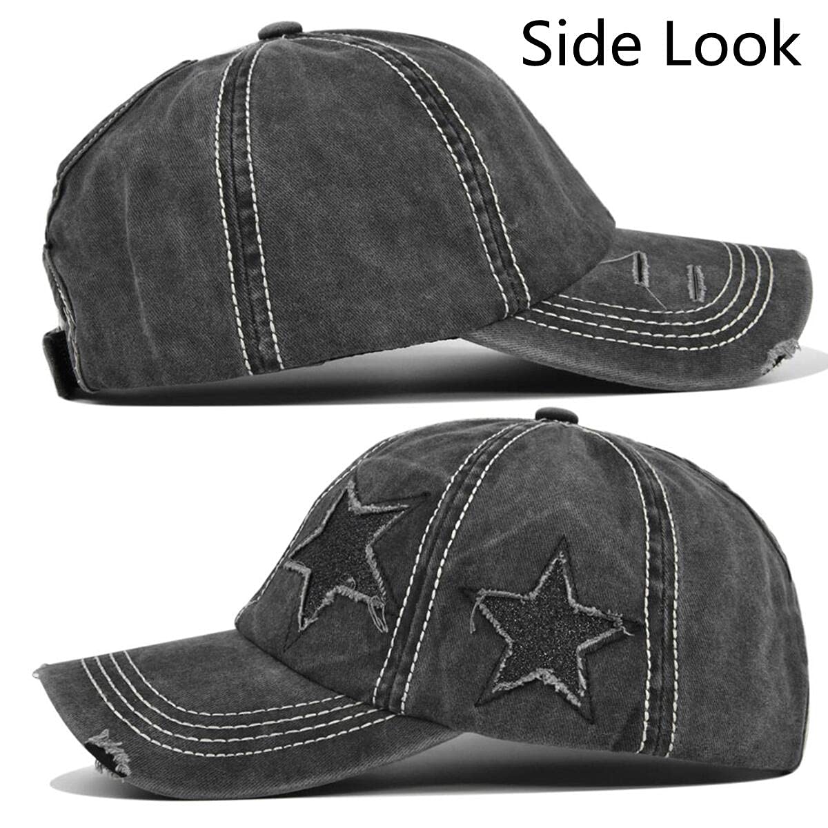 ProMindFun Womens Ponytail High Messy Bun Hats Distressed Baseball Caps Unconstructed Washed Dad Hat Girls Trucker Ponycaps (16-Glitter Black)