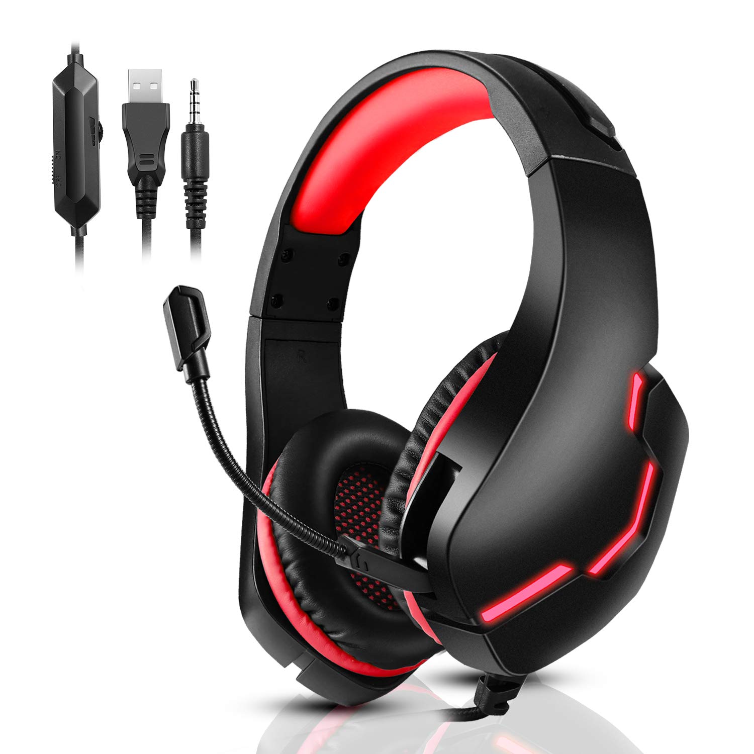 LMPOHO PS4 Gaming Headset for Xbox One, PS5, PC, Over Ear Headphones with Noise-Cancelling Mic, J10 Wired Gaming Headset with Stereo Surround Sound, LED Light, Comfort Earmuff - Red